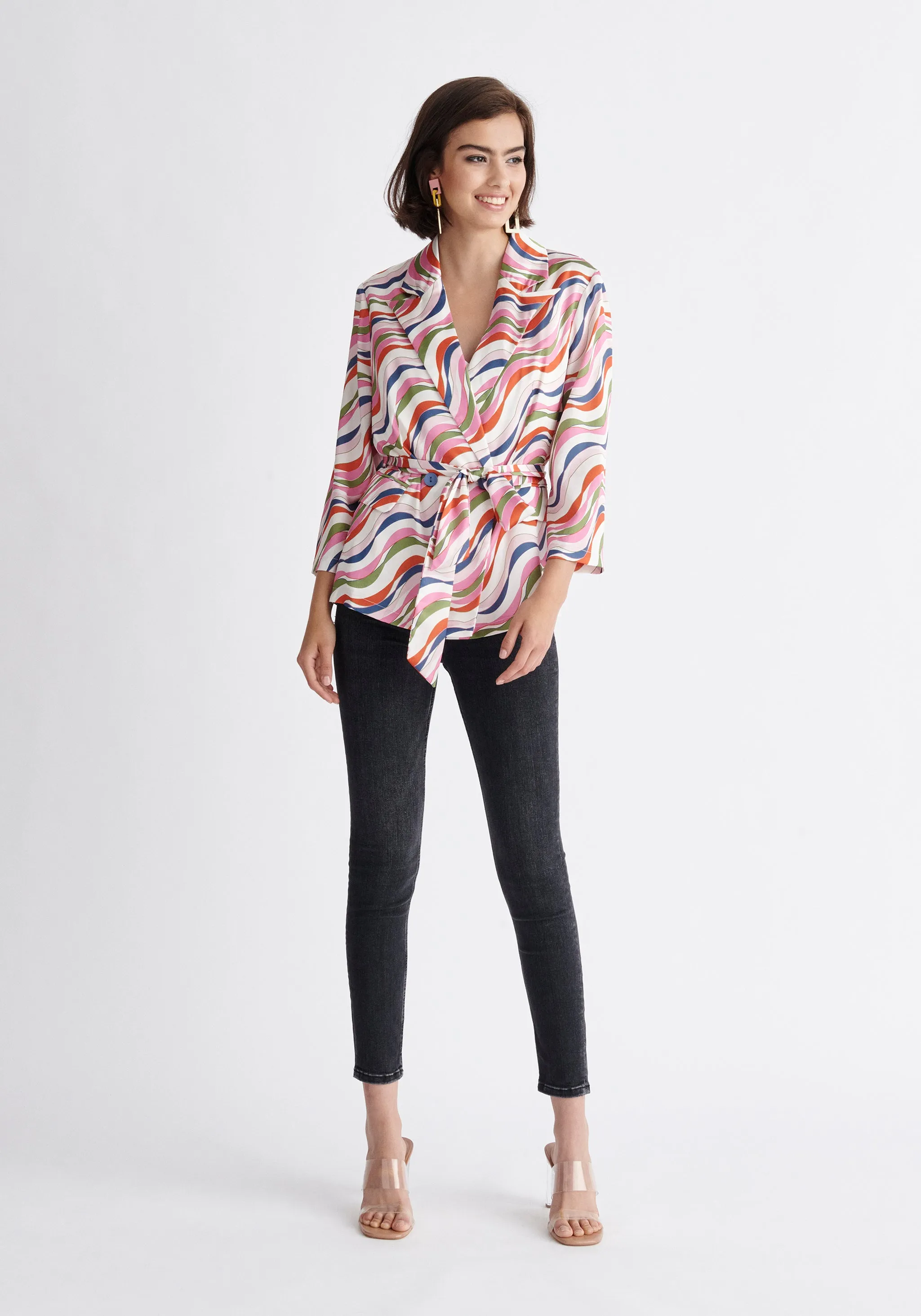 Belted Wave Print Blazer - Borderfree