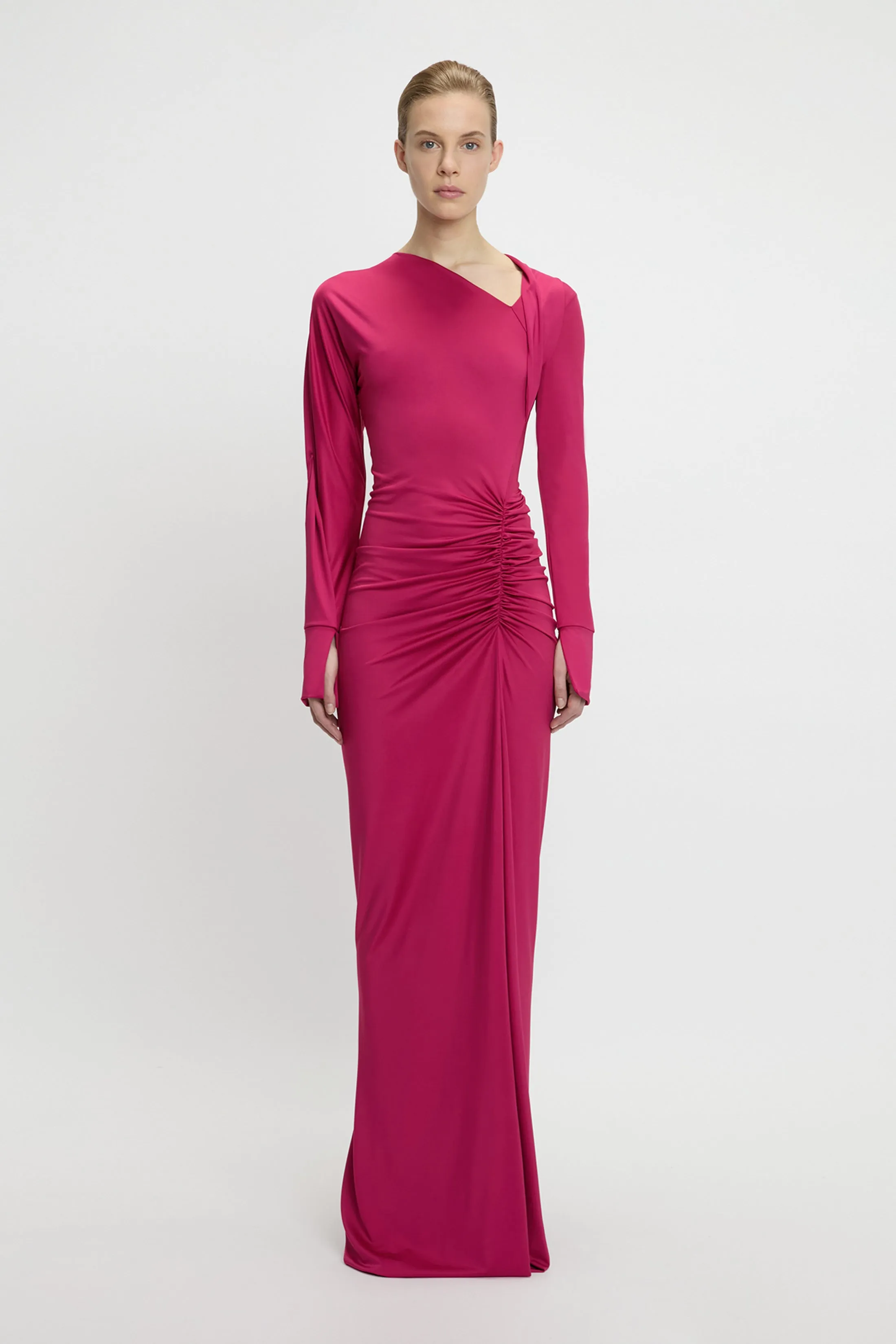 Long Sleeve Slash-Neck Gown In Cherry - Borderfree