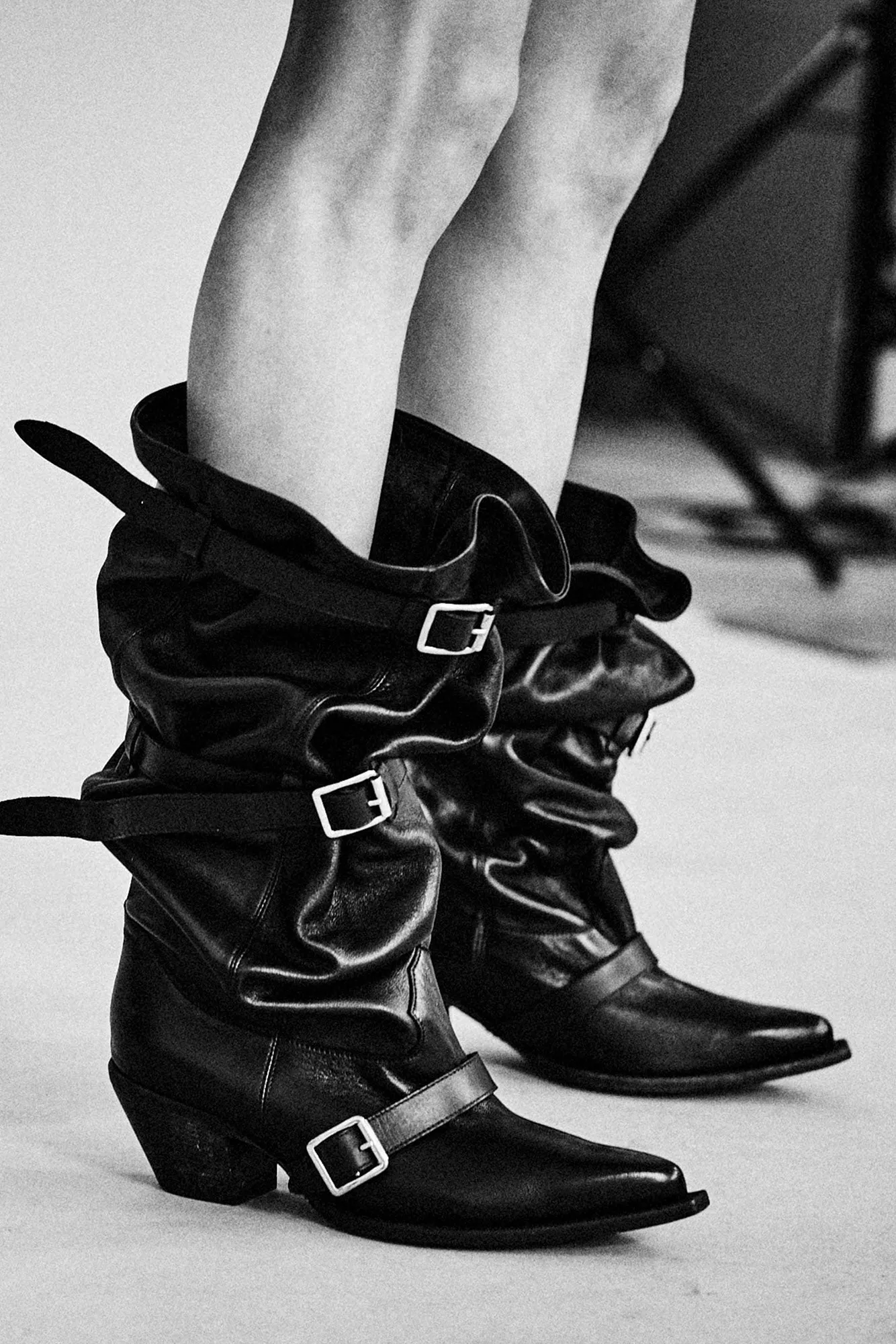 BUCKLED-UP SLOUCH COWBOY BOOT - BLACK - Borderfree