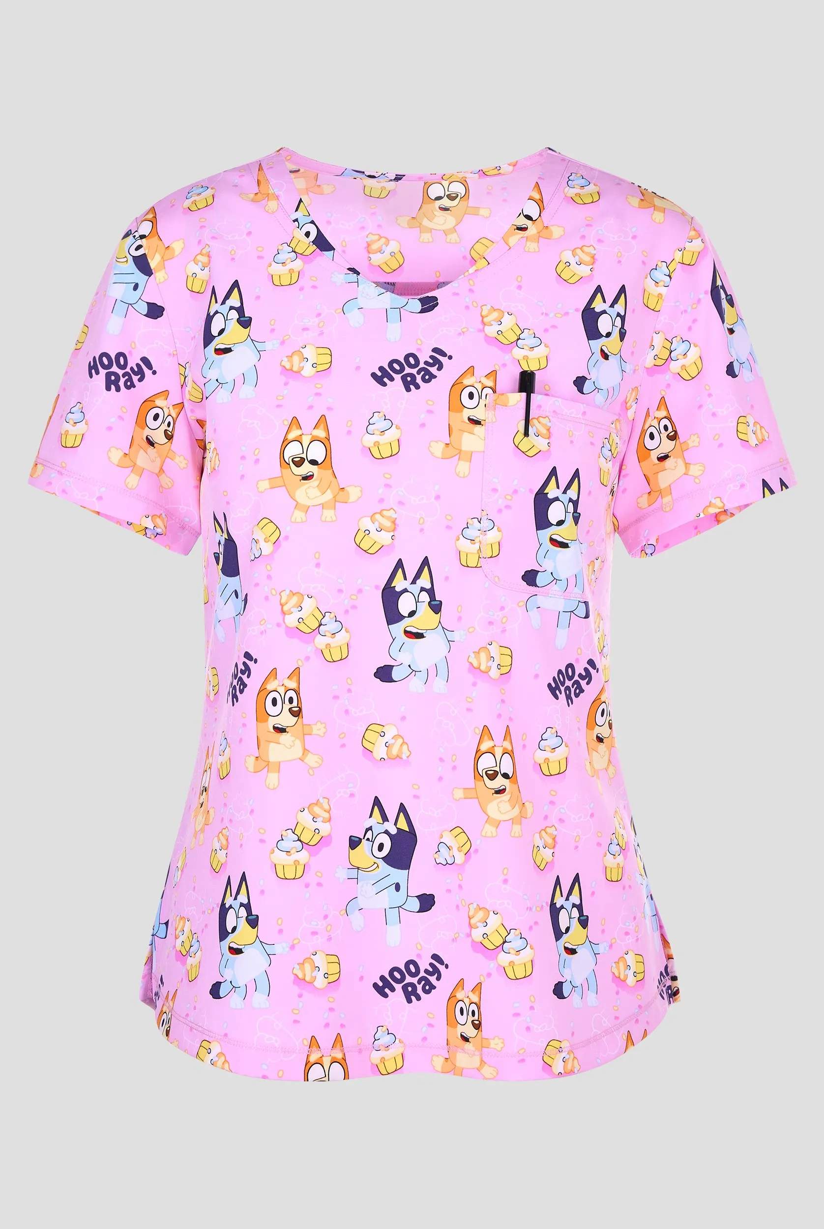 Tooniforms Bluey Hooray, Cupcakes Women's 2-Pocket Stretch V-Neck Print Scrub Top - Size L ...