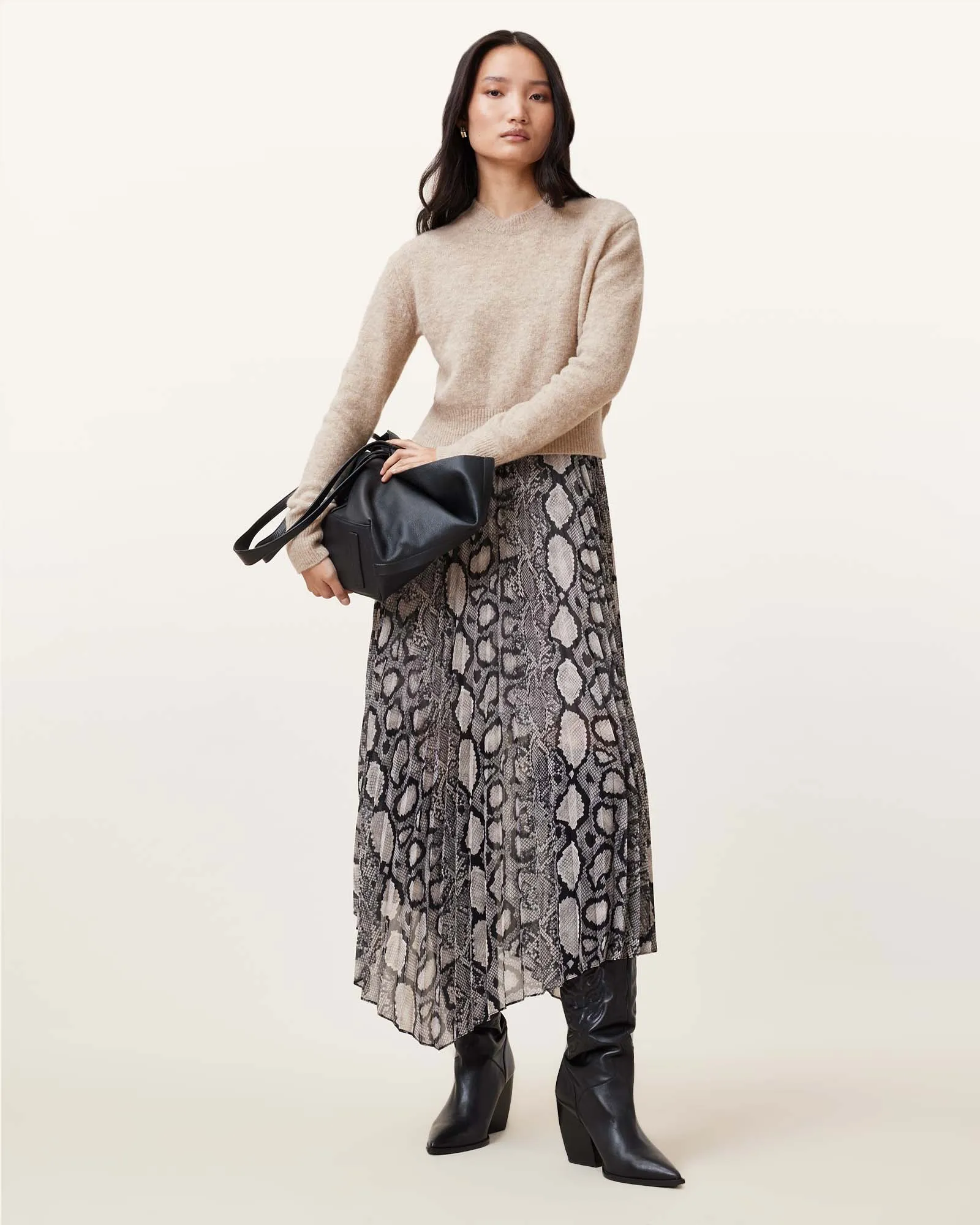 AllSaints Donatella 2-In-1 Snake Print Midi Dress, Flow Ecru White, Size: M - Borderfree