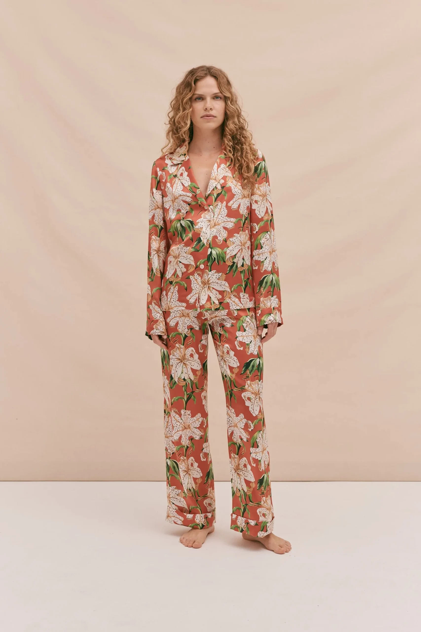 Washable Silk Long Pyjama Set Lilium Print Red - Borderfree