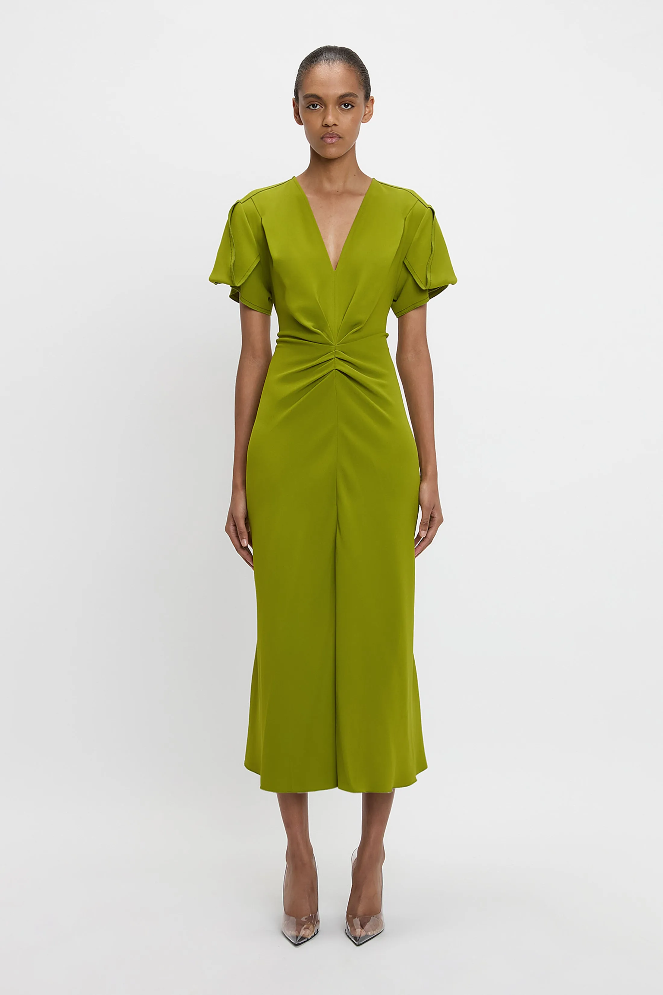 Gathered V-Neck Midi Dress In Parakeet - Borderfree