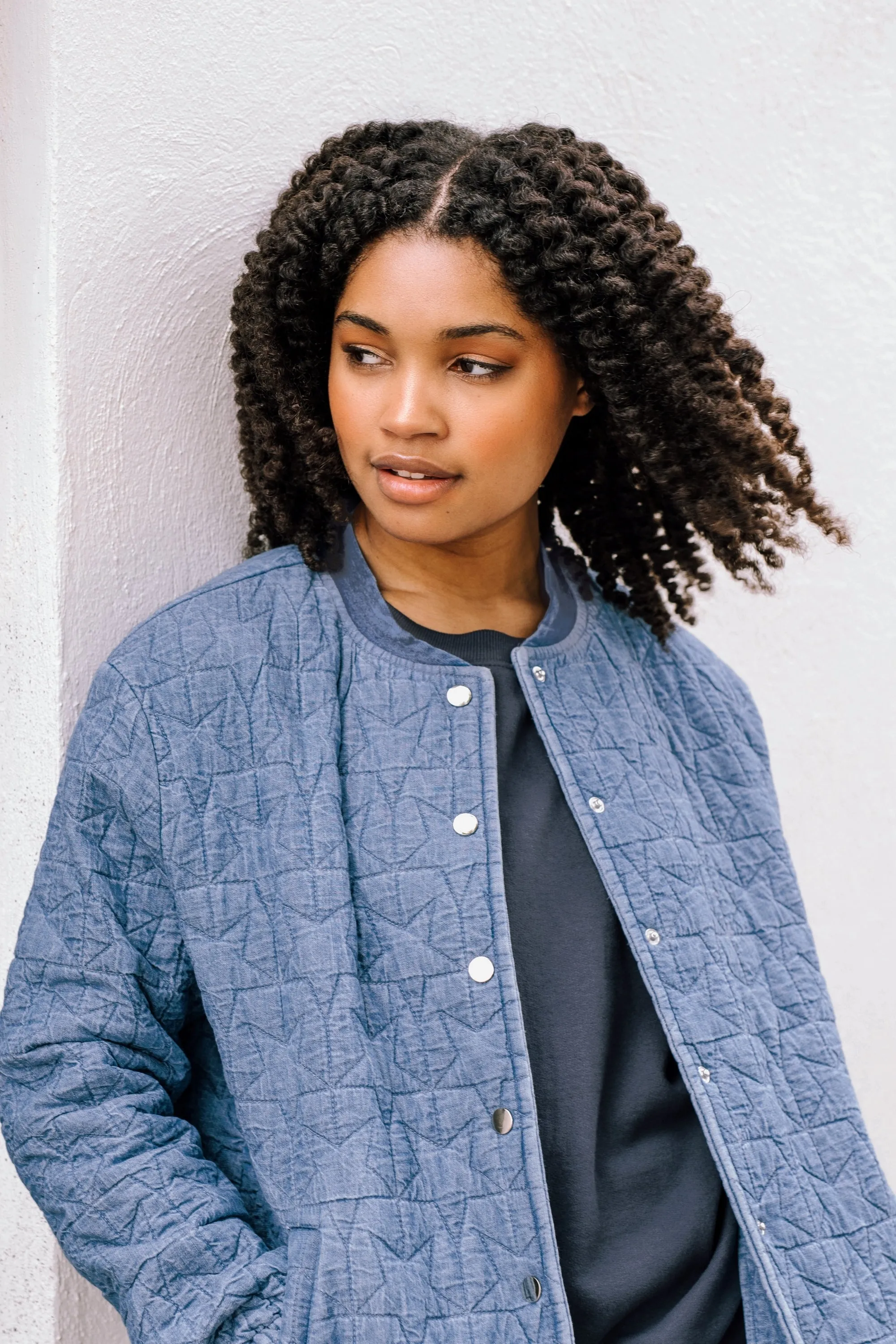 Kinga Quilted Bomber Jacket - Light Blue Denim, Star Quilt - Borderfree