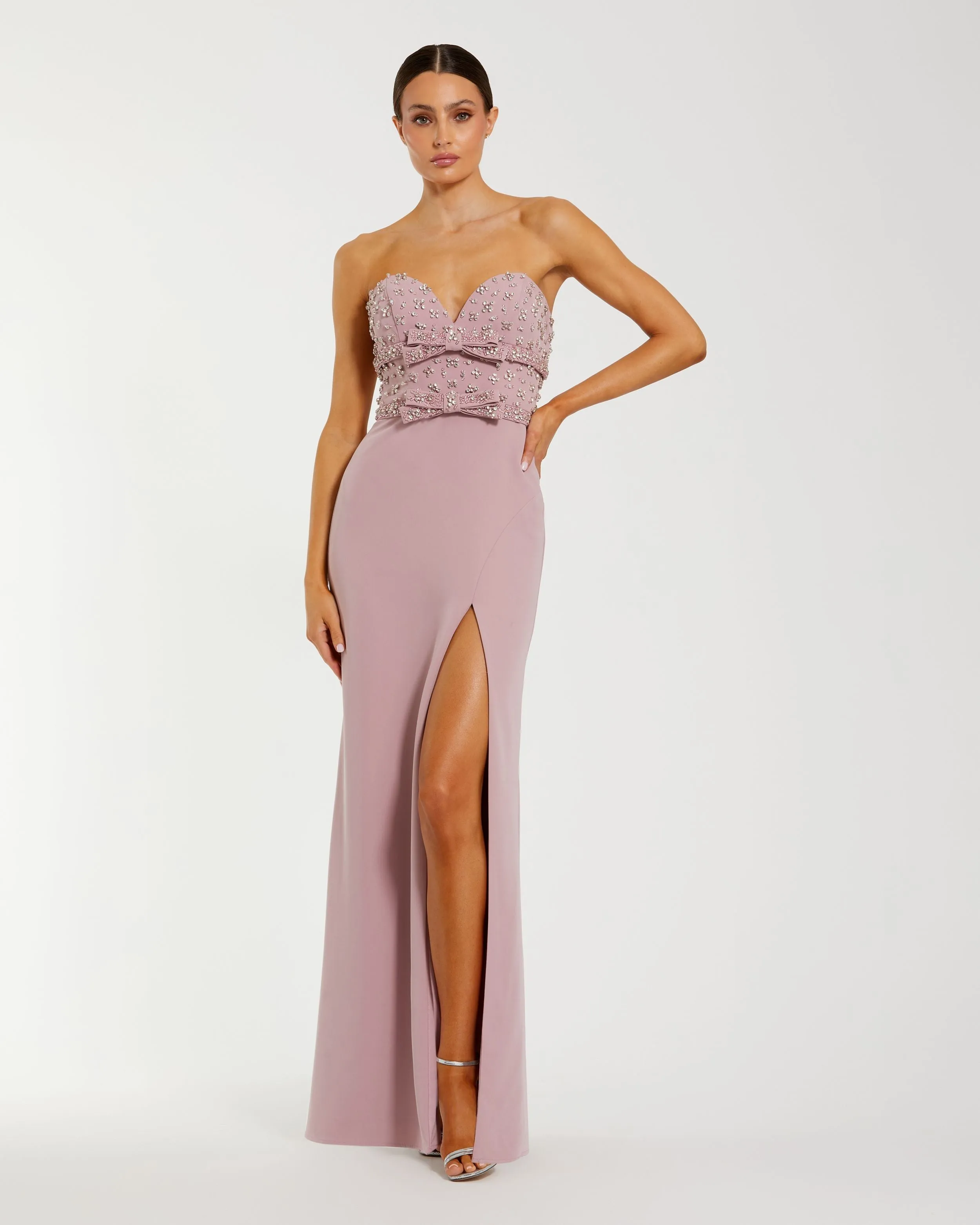 Pink Strapless Rhinestone Bodice Crepe Gown - Borderfree