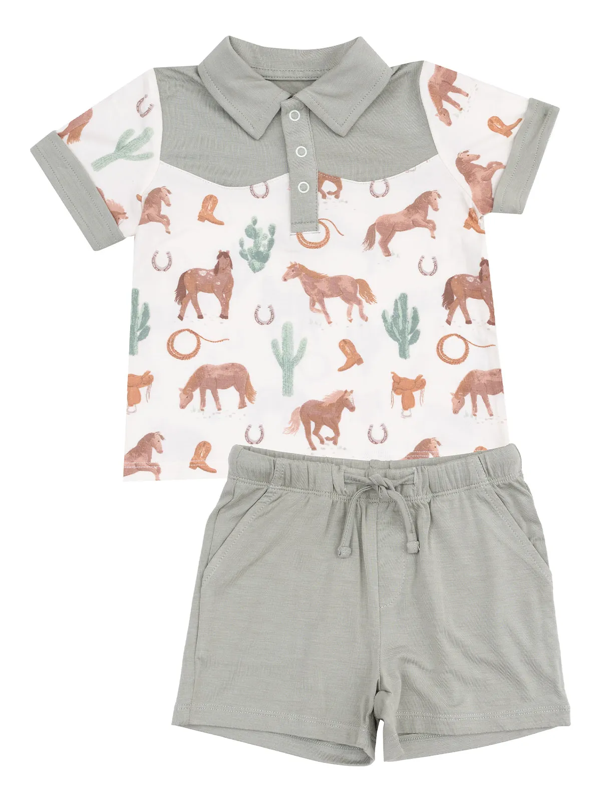 Cowboy Polo & Short Set, Western Horses - Borderfree