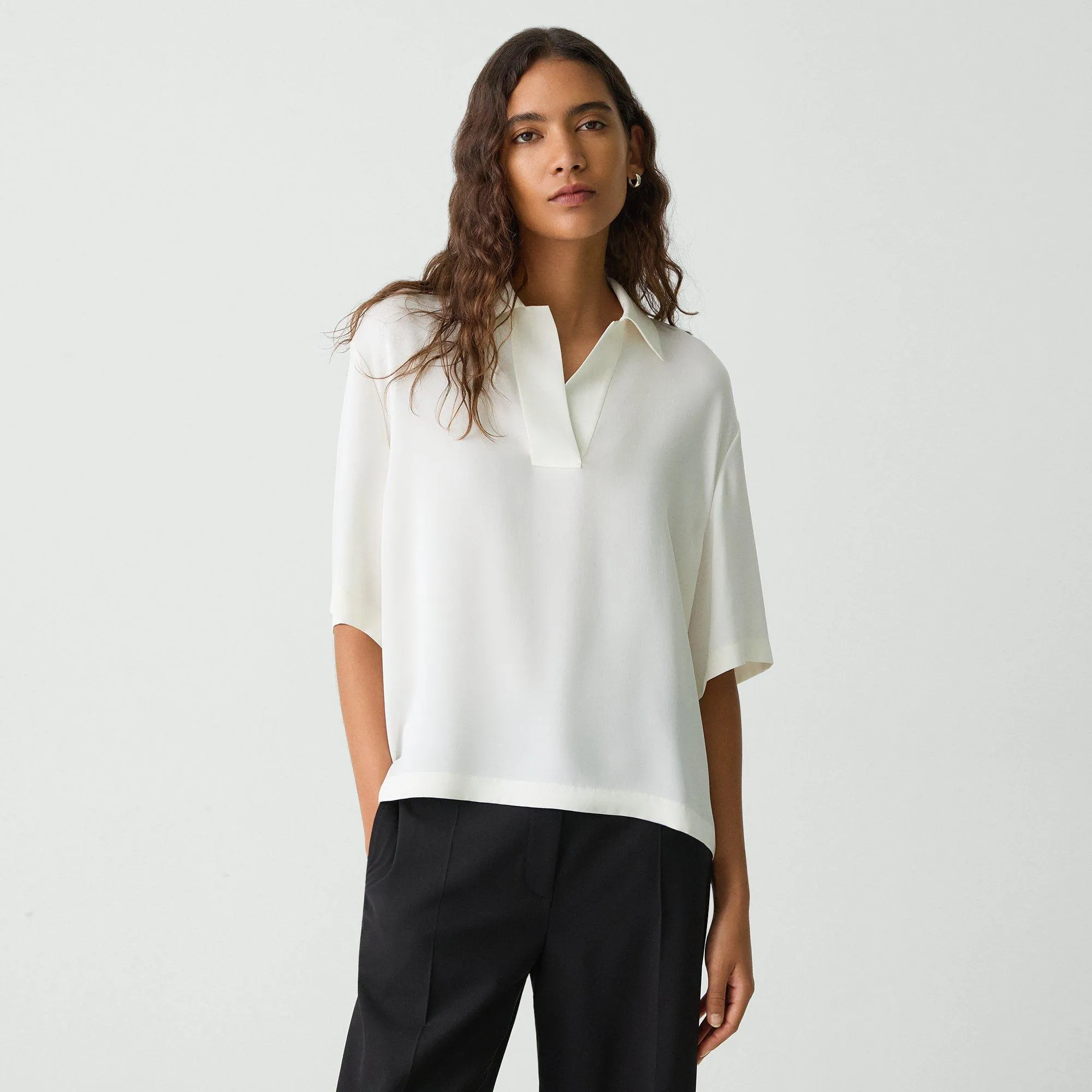 Oversized Polo Shirt in Silk Georgette - Borderfree