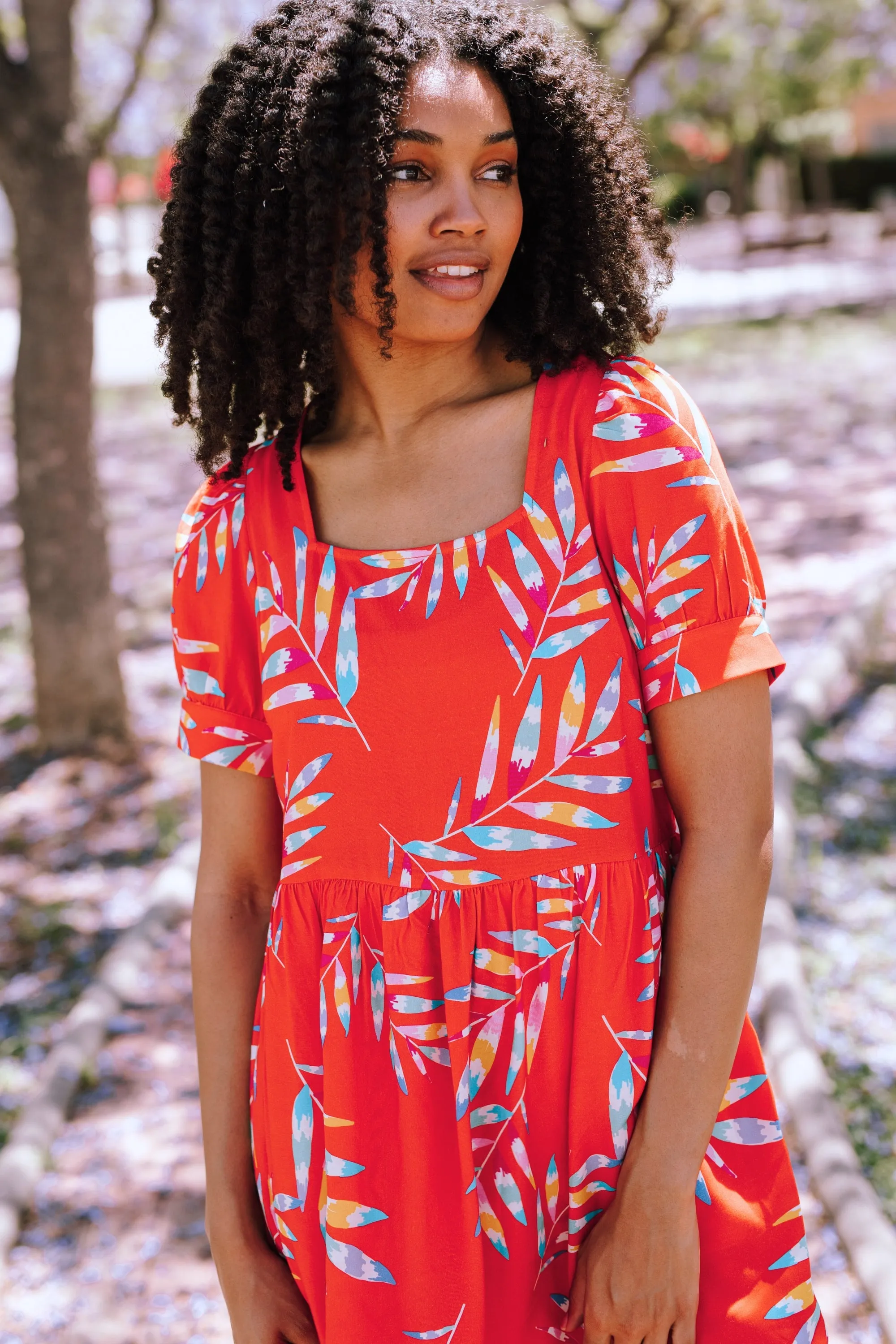 Sheila Mini Smock Dress - Red, Rainbow Fronds - Borderfree
