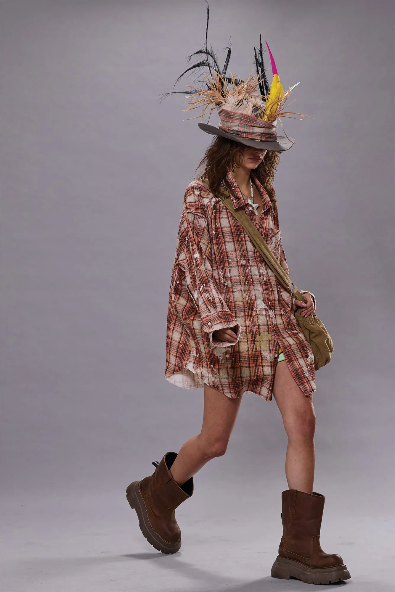 SHREDDED SEAM DROP NECK SHIRT - ORANGE PLAID WITH PAINT SPLATTER ...