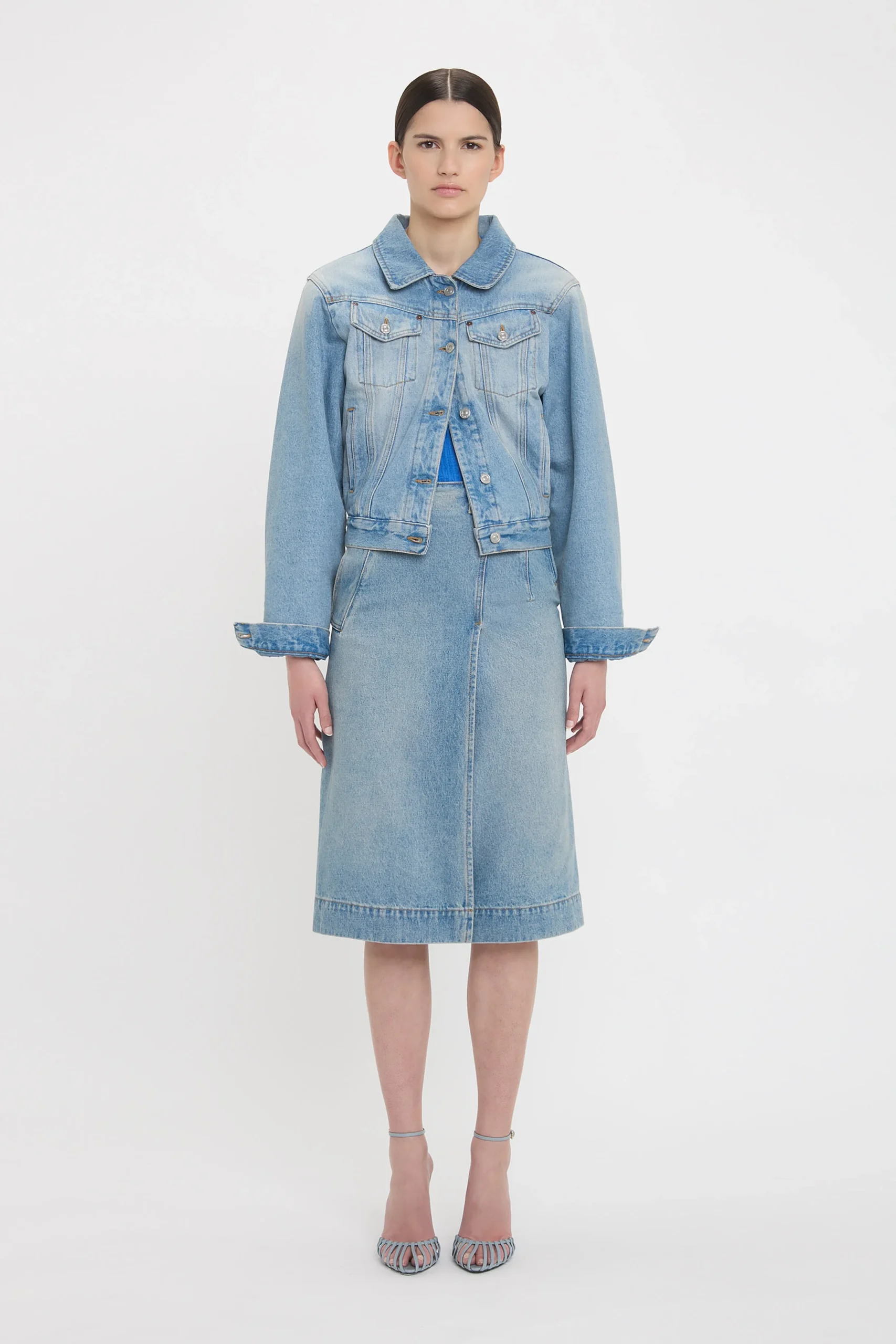 Padded Denim Jacket In Pale Blue Wash - Borderfree