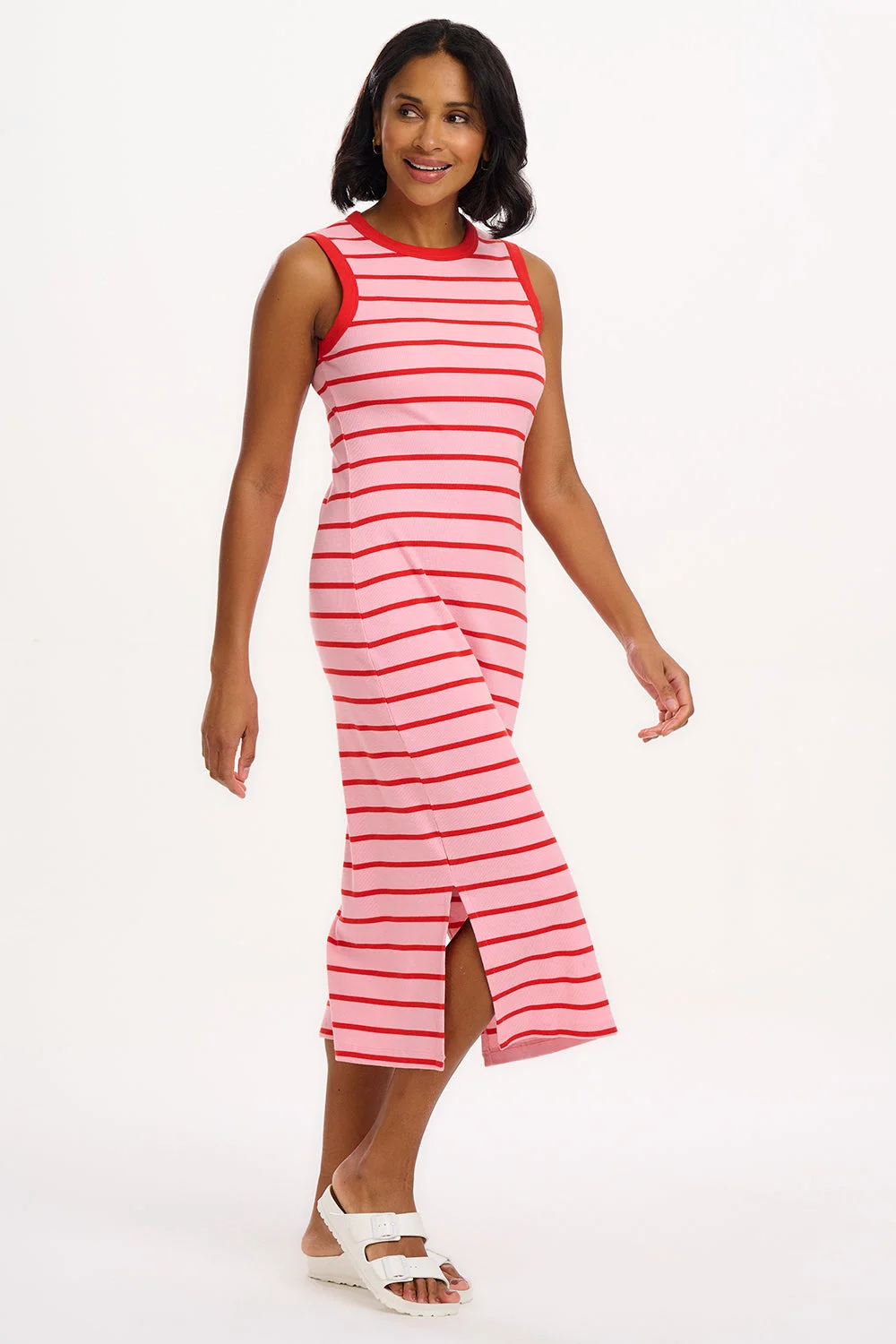 Brittany Midi Jersey Dress - Pink/Red Stripes - Borderfree