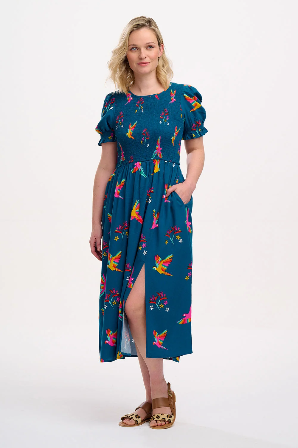 Rosita Shirred Midi Dress - Teal, Rainbow Parrots - Borderfree