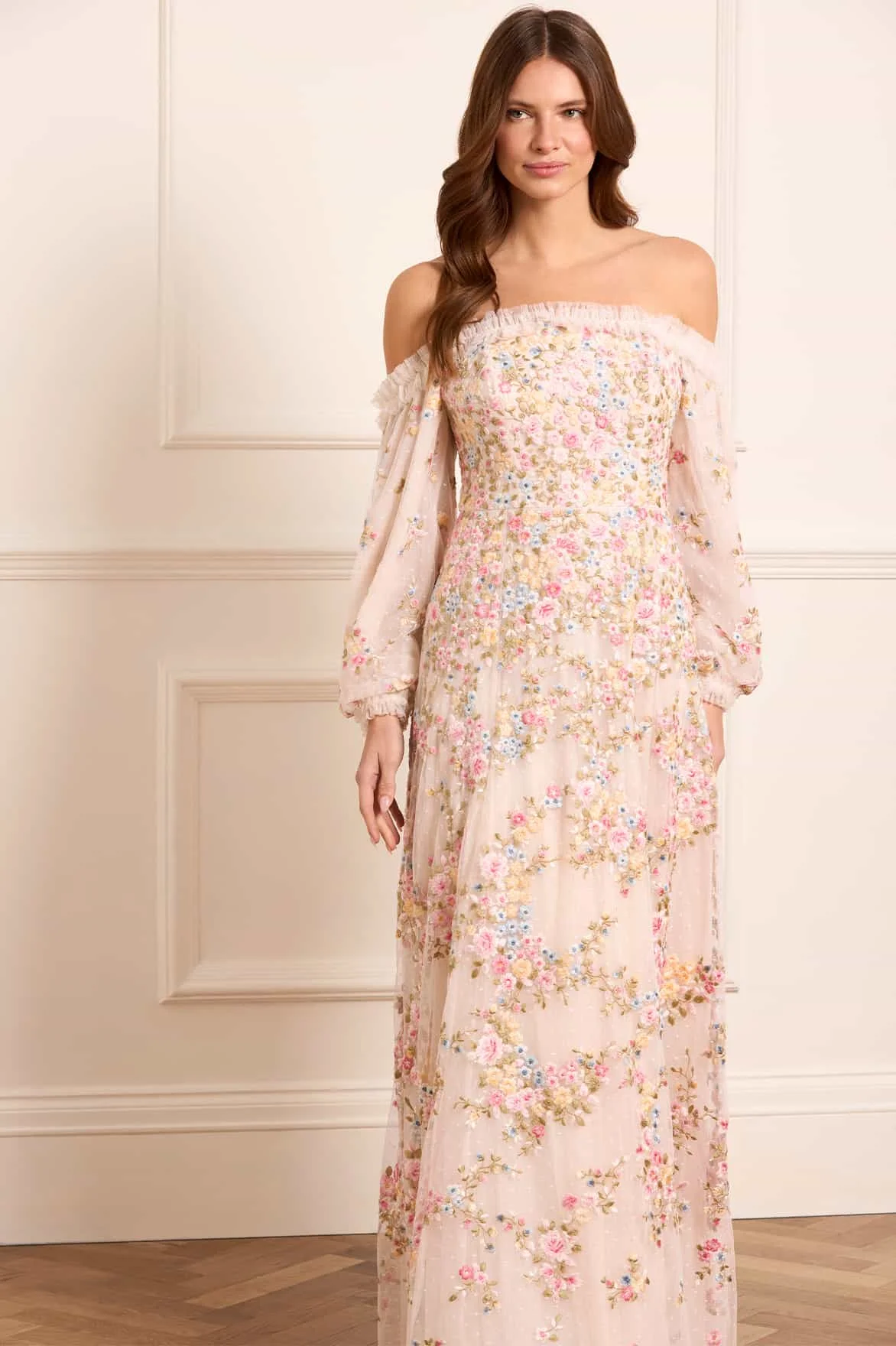 Lunaria Wreath Off-Shoulder Long Sleeve Gown - Borderfree