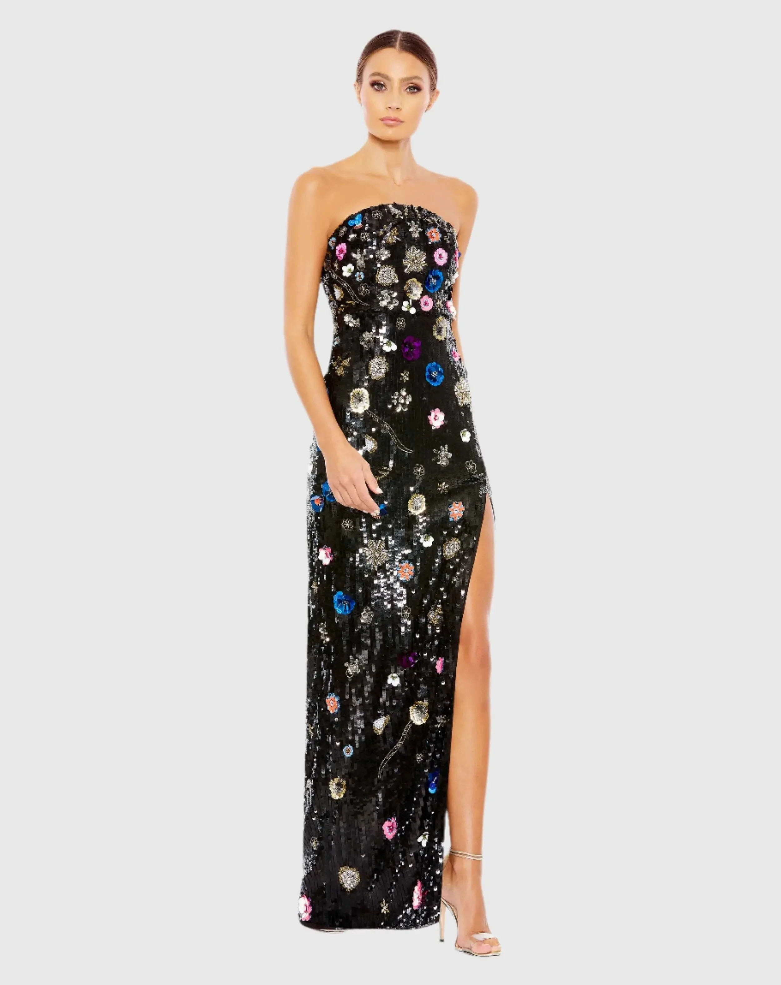 Black Floral Embellished Strapless Column Gown - Borderfree
