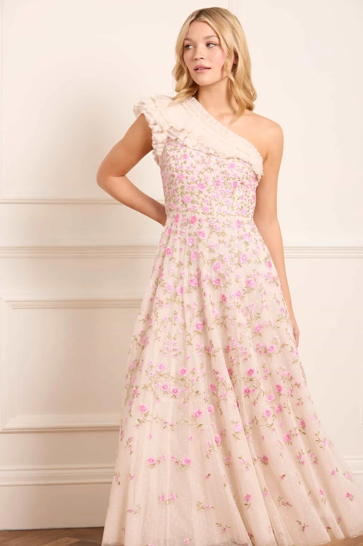 Lea Ditsy One-Shoulder Ankle Gown - Borderfree