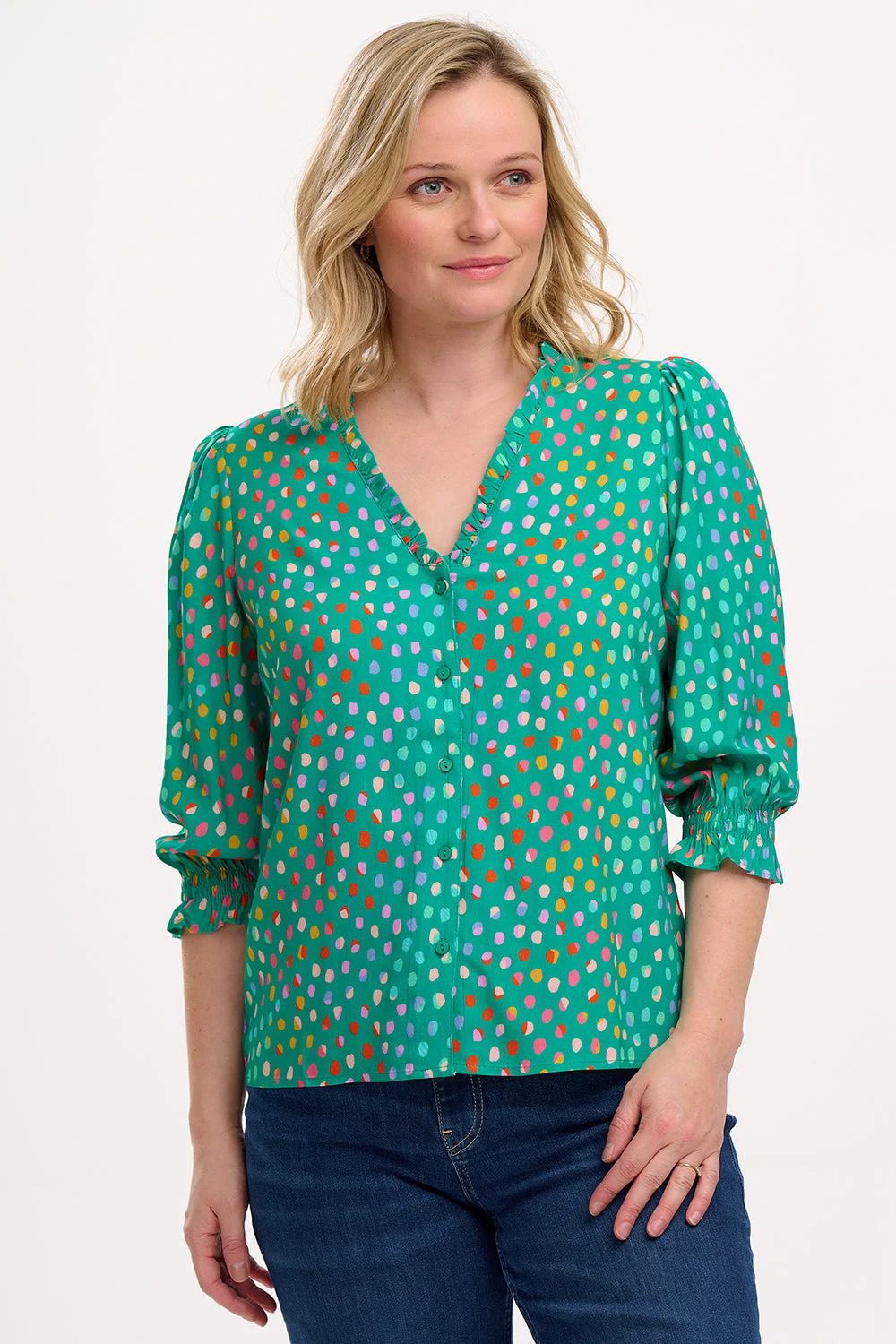Vivi Frill Blouse - Green, Rainbow Pebbles - Borderfree