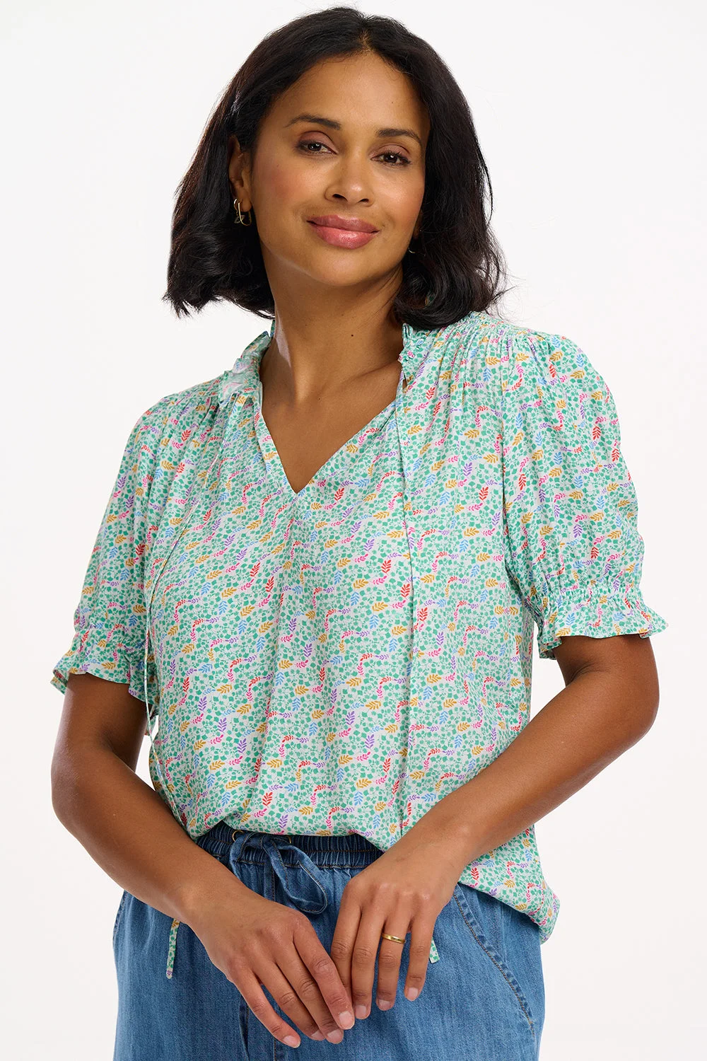 Virginia Shirred Top - Off-White/Multi, Garden Waves - Borderfree