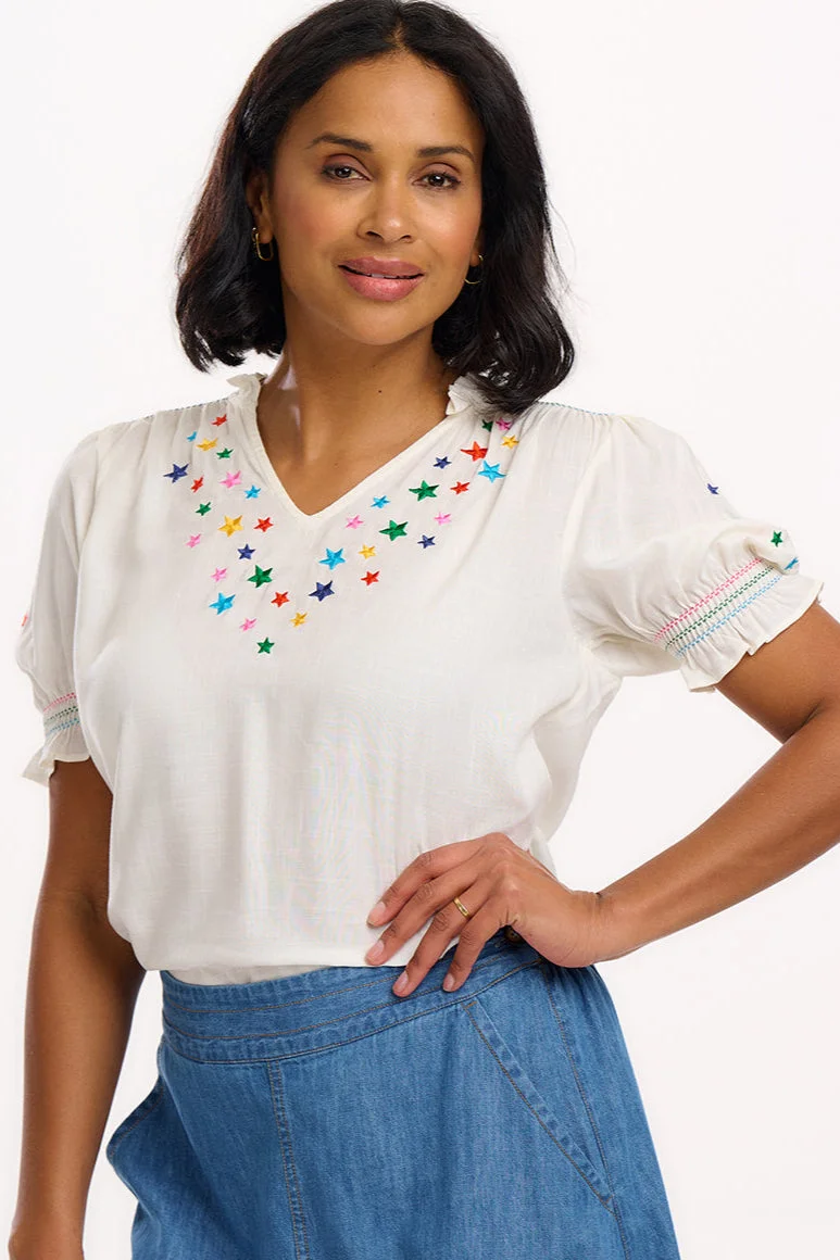 Haydee Shirred Top - Off White, Rainbow Stars - Borderfree