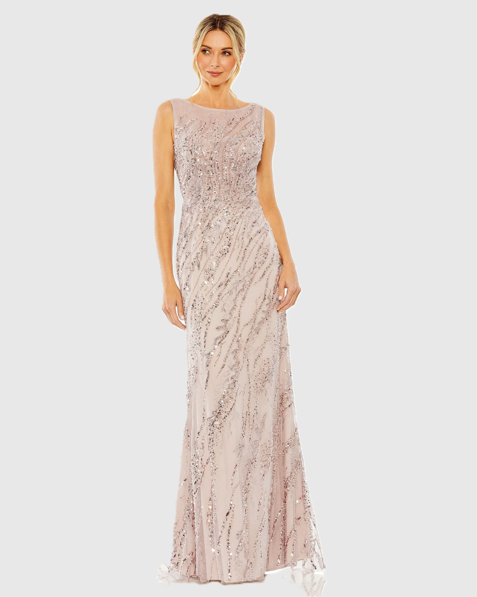 Pink Sleeveless Boat Neck Sequin Beaded Gown - Borderfree