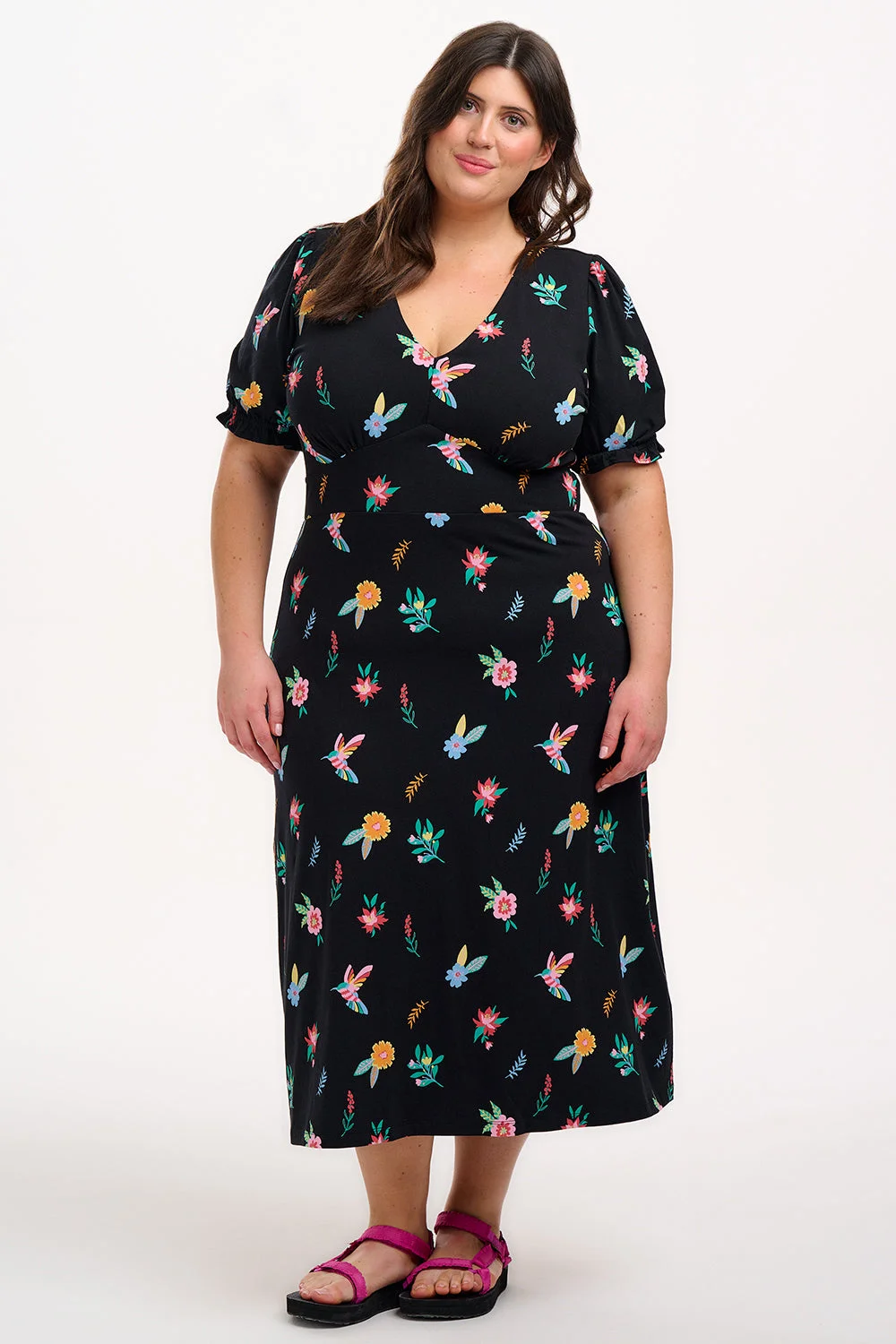 Yana Jersey Midi Tea Dress - Black/Multi, Hummingbird Garden - Borderfree