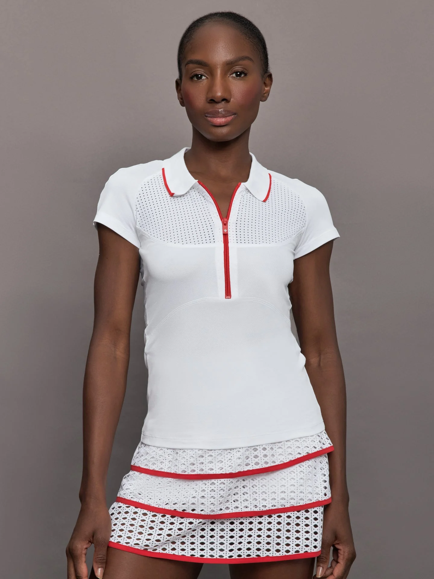 Mesh Zip Performance Polo - White with Red Trim - Borderfree
