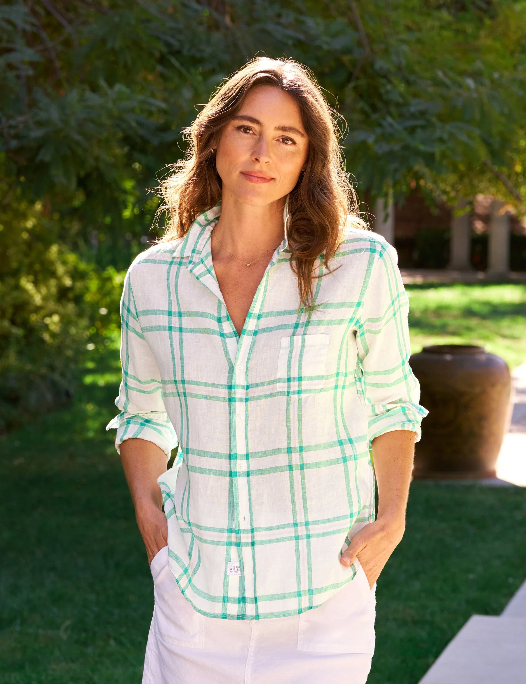 EILEEN Green and Light Pink Plaid, Italian Classic Linen - Borderfree