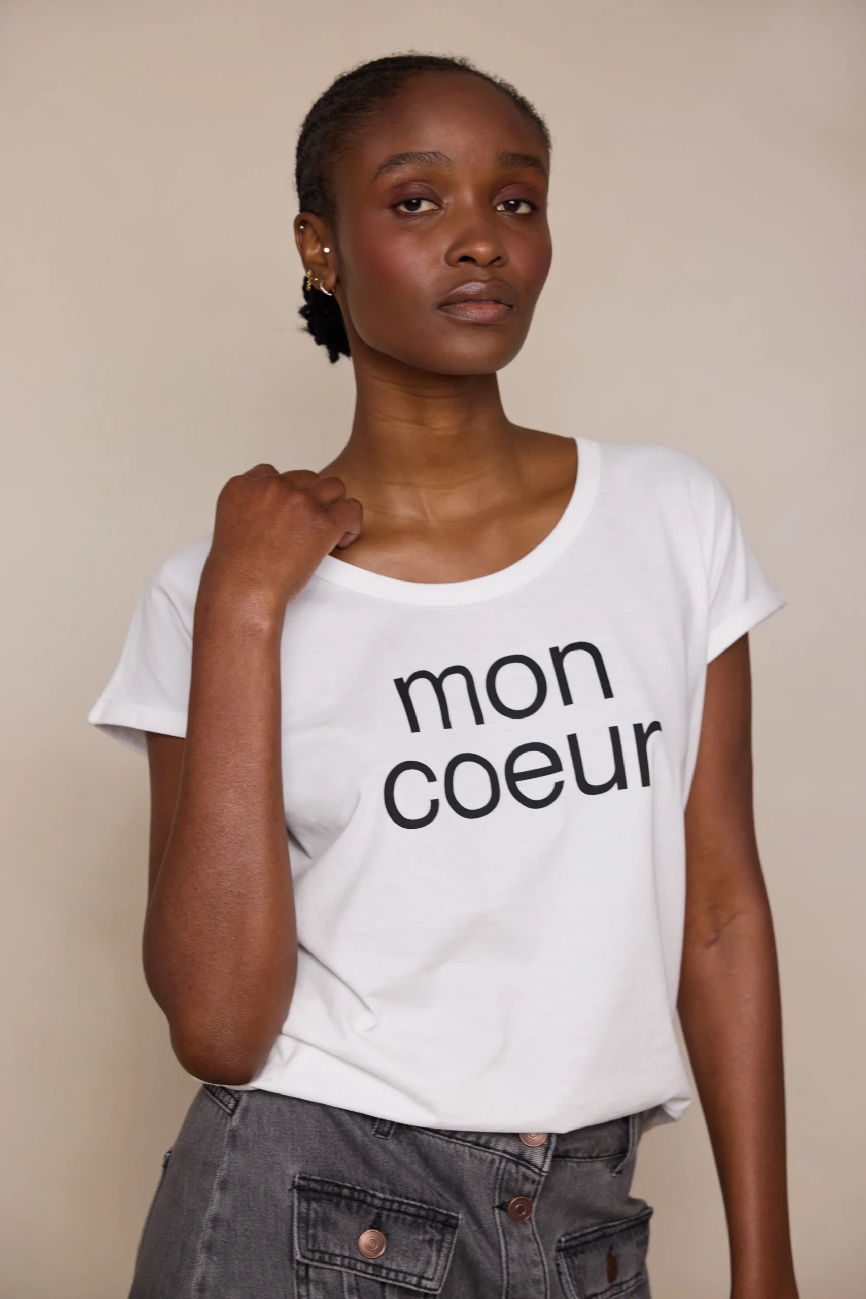 Mon Coeur Roll Sleeve T-Shirt - White - Borderfree