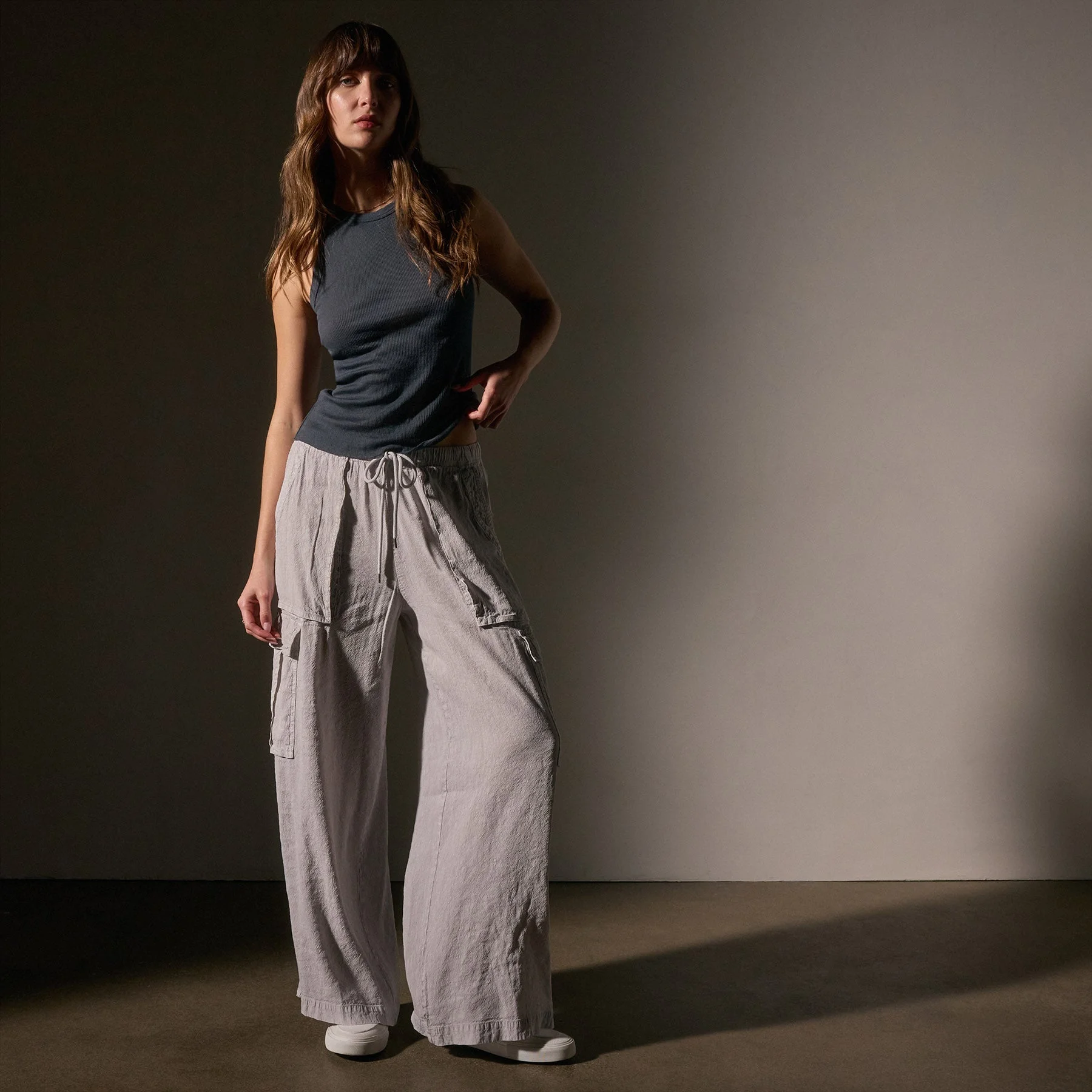 Wide Leg Linen Blend Cargo Pant - Nimbus Pigment - Borderfree