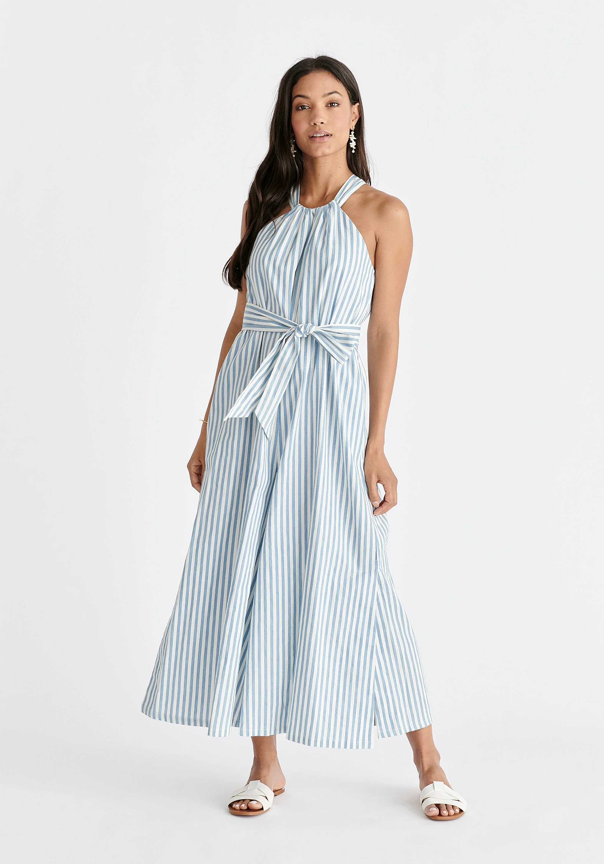 Striped Halterneck Cotton Jumpsuit - Borderfree
