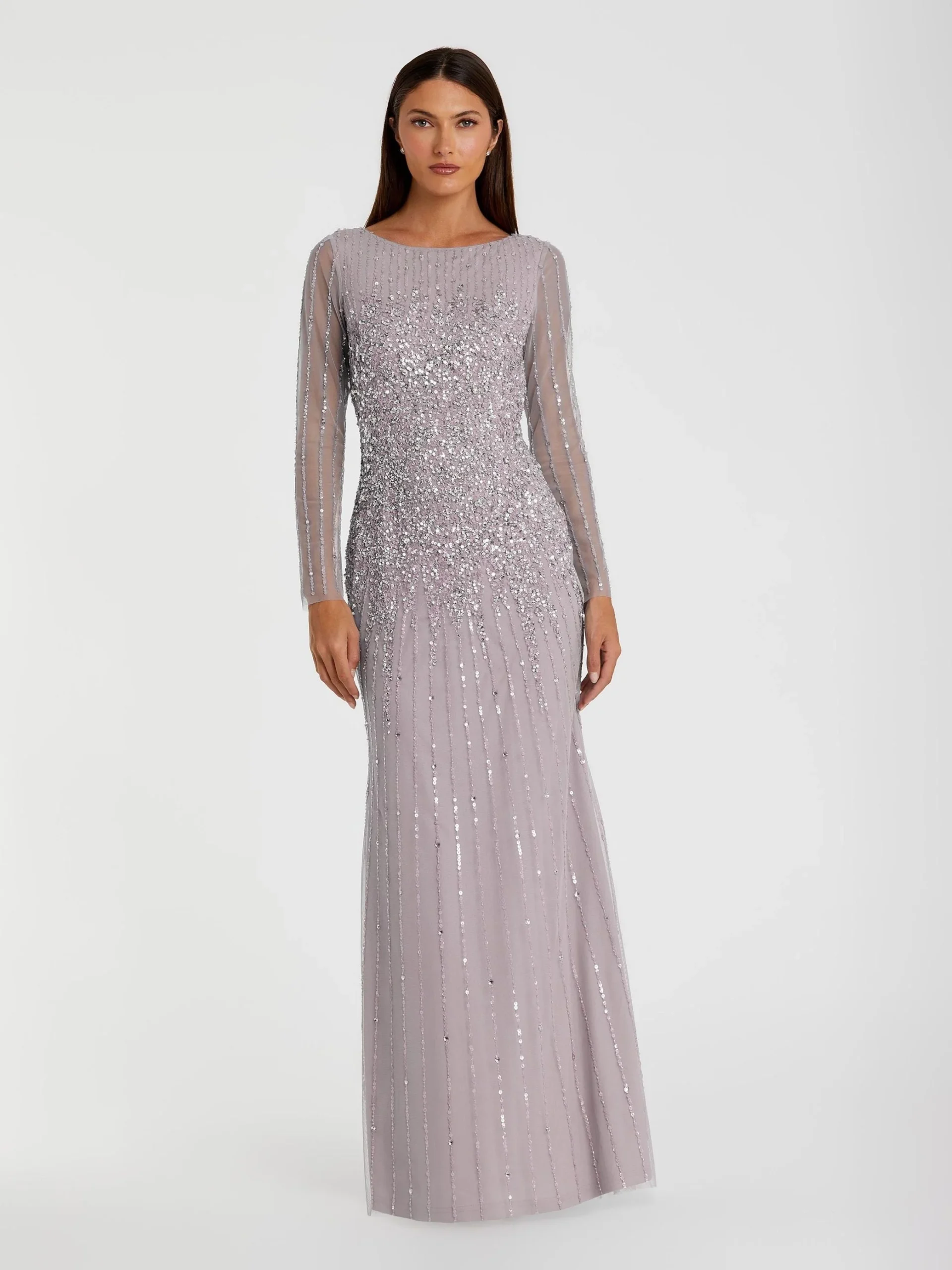 Purple High Neck Sequin Embellished Long Sleeve A Line Gown - Borderfree