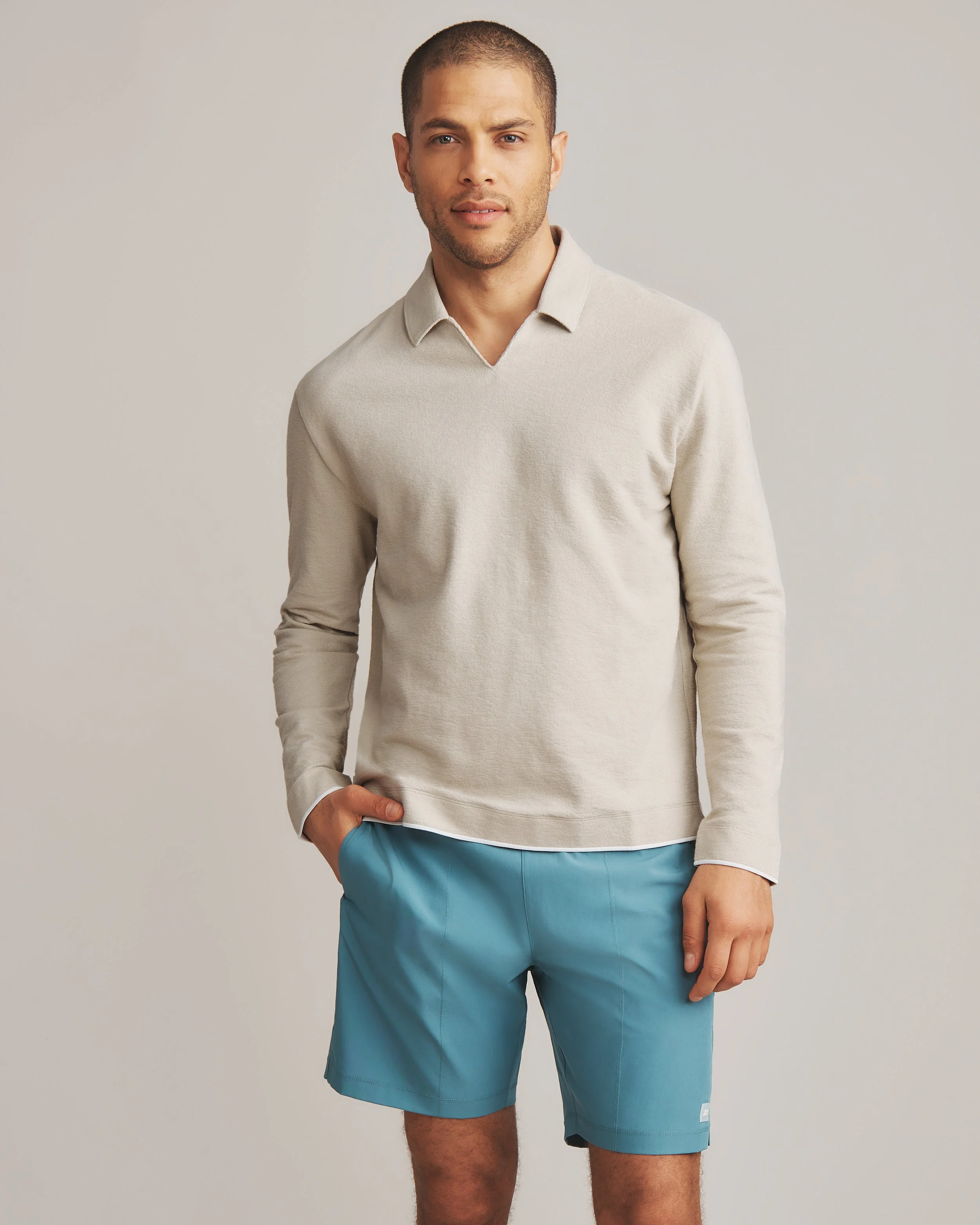 Seaside Terry Long Sleeve Polo - Sandstone - Borderfree
