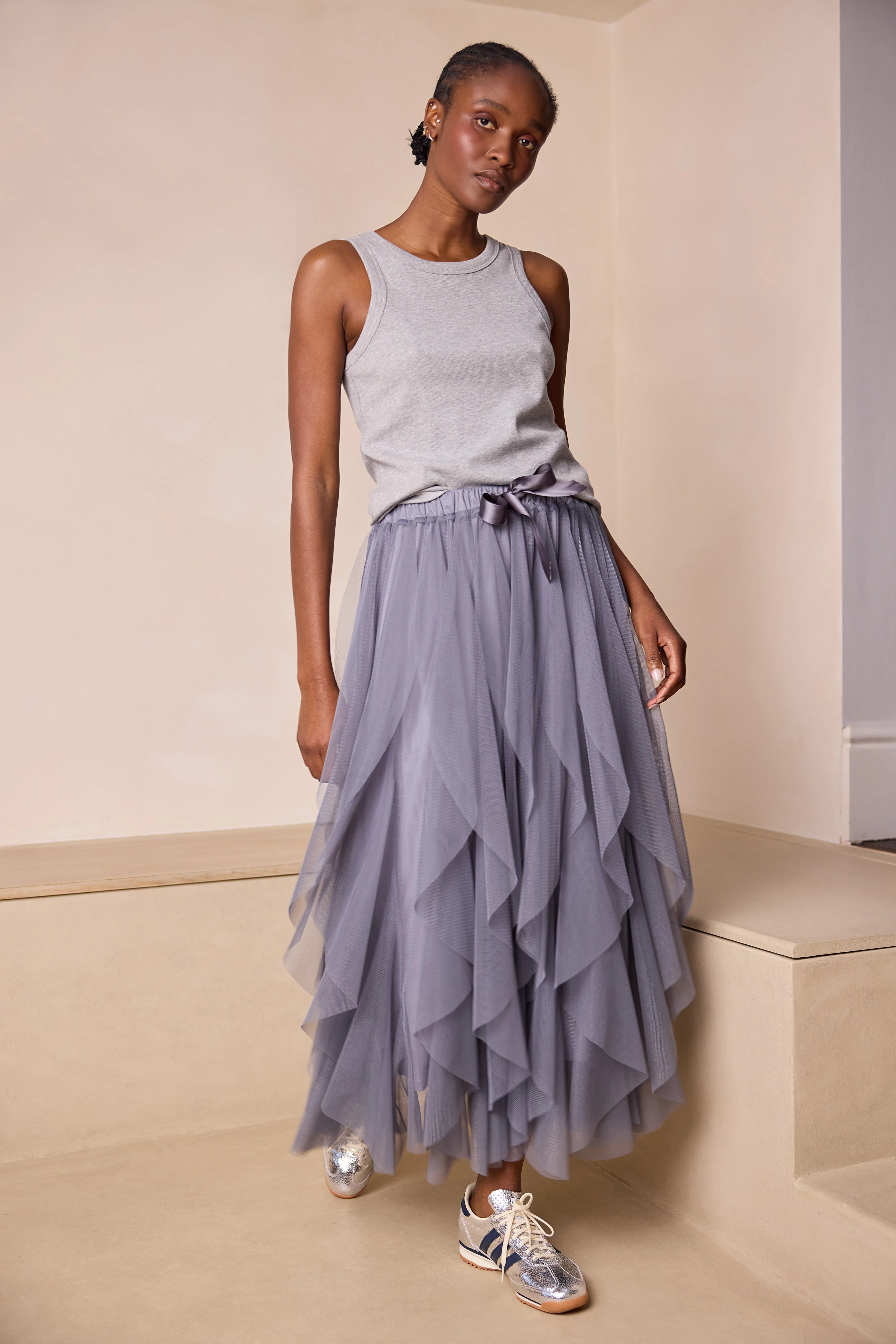 Iris Tulle Maxi Skirt - Grey - Borderfree