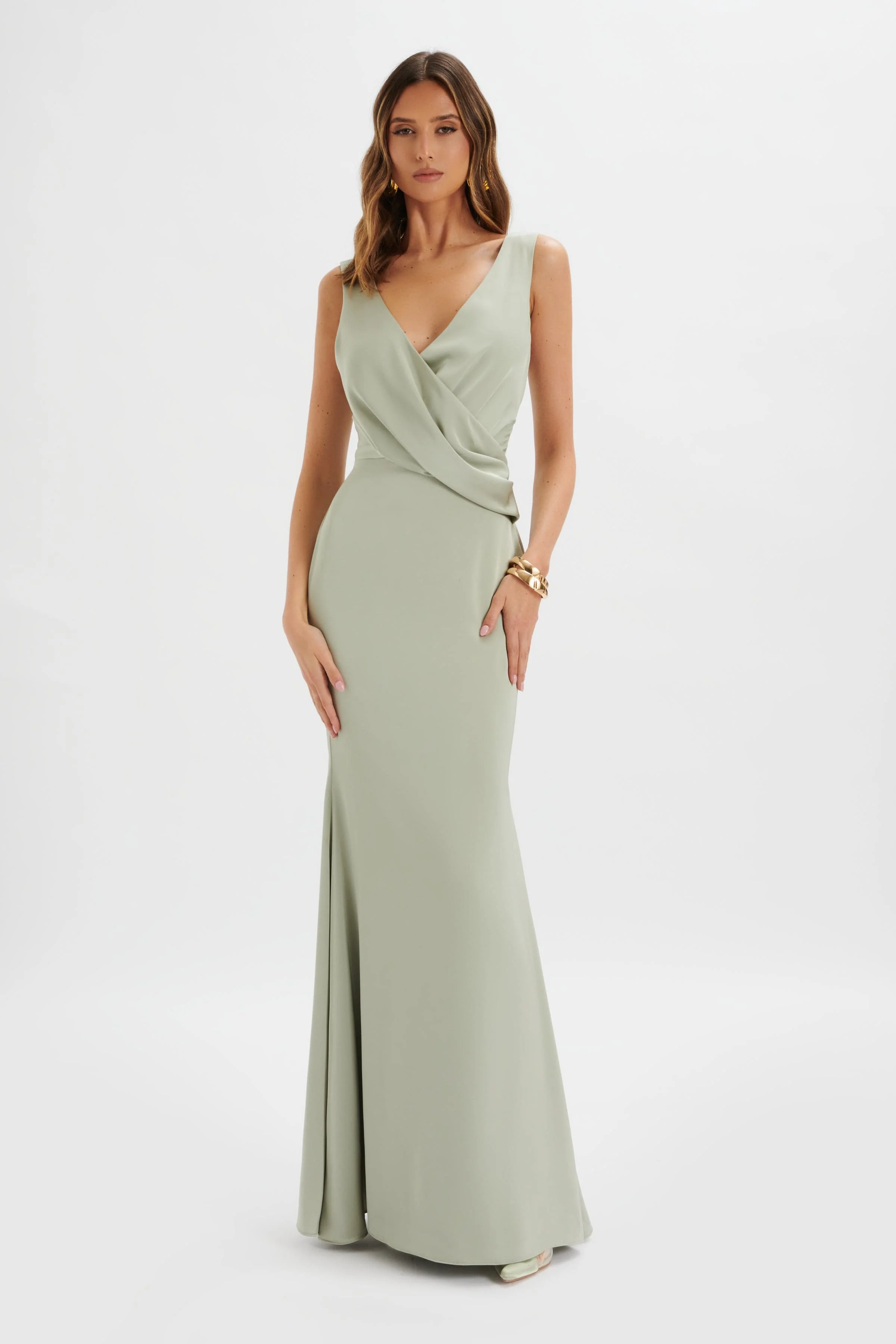 PRE-ORDER ELLE Draped Wrap Satin Maxi Dress in Sage Green - Borderfree