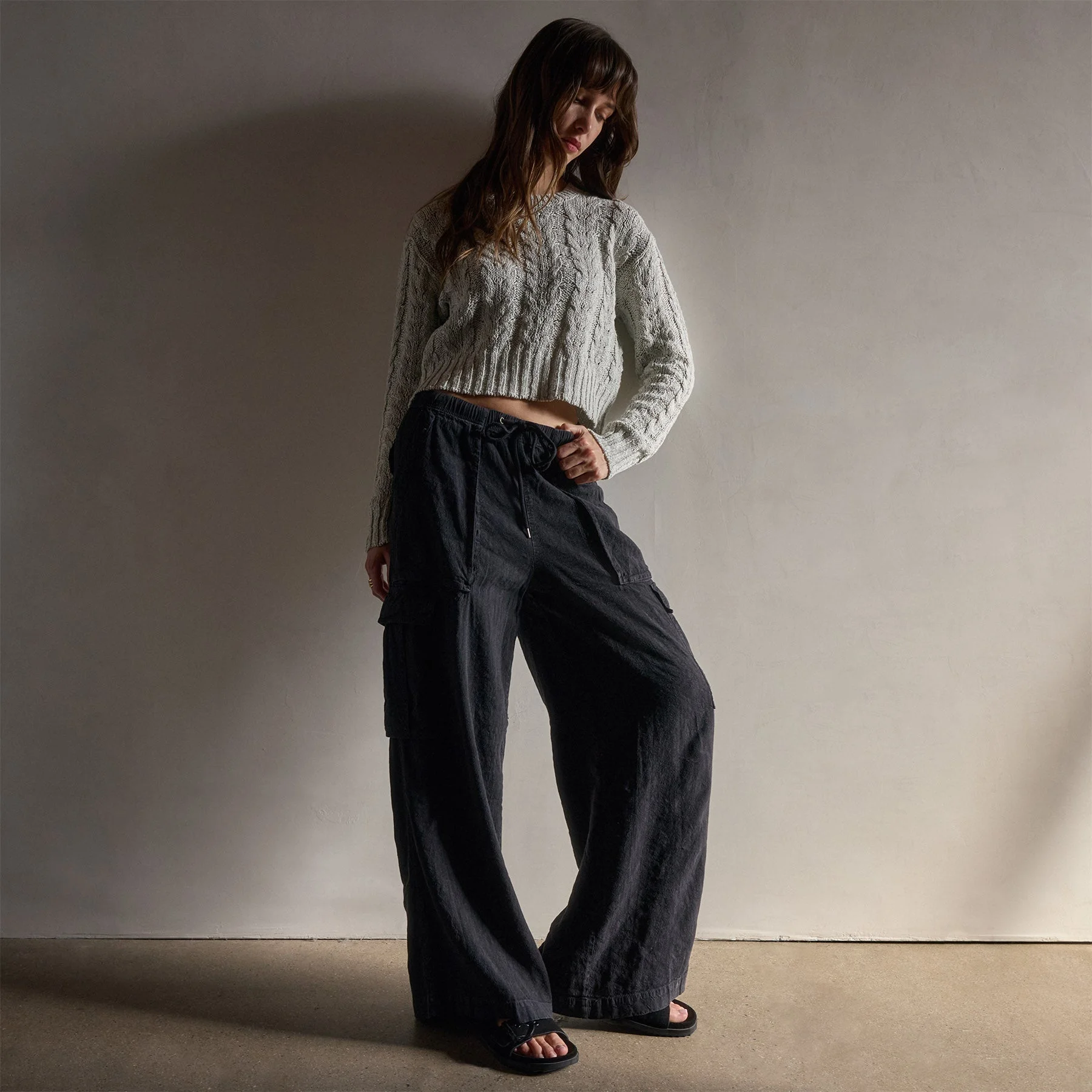 Wide Leg Linen Blend Cargo Pant - Black - Borderfree