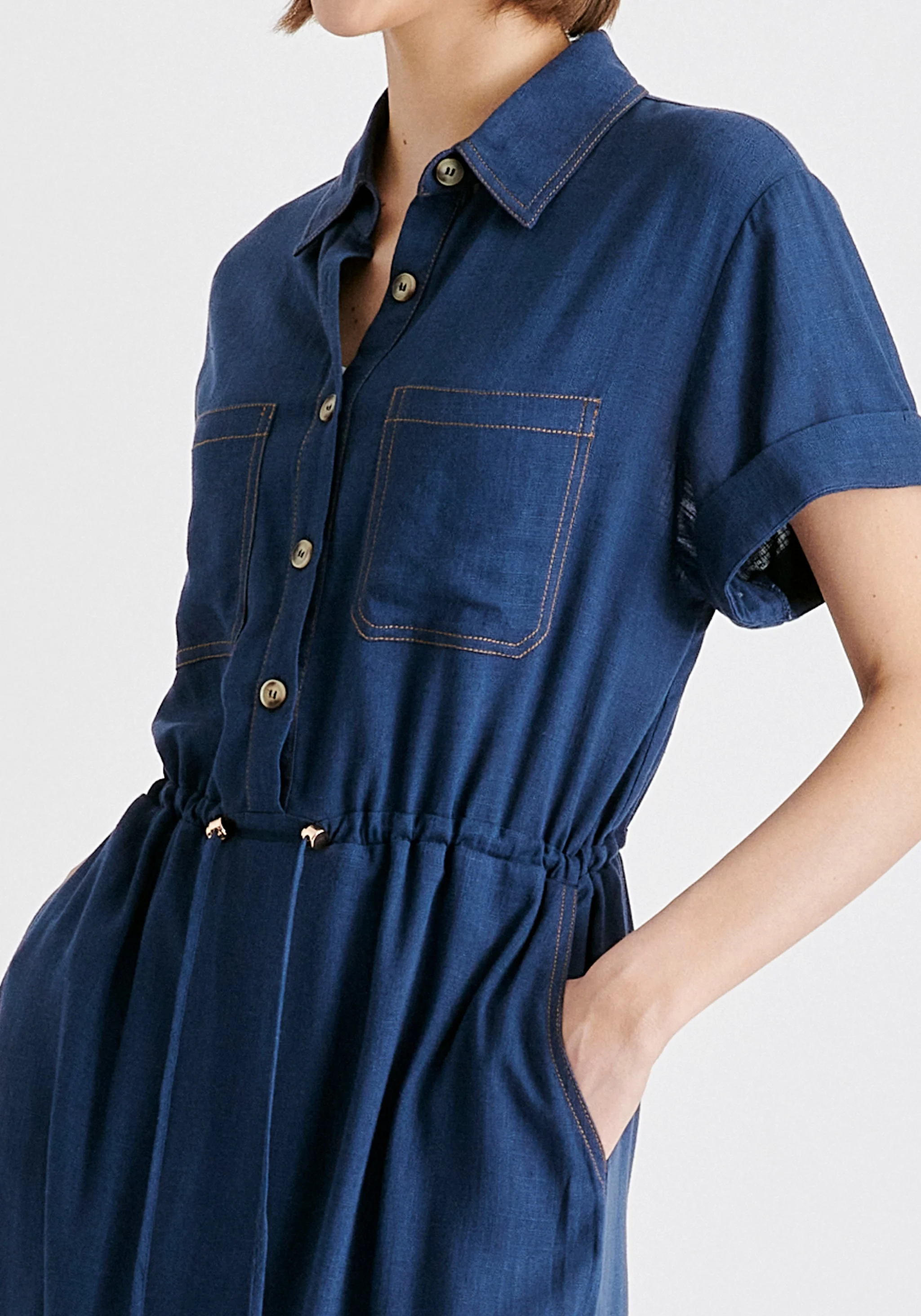 Linen Blend Shirt Dress with Stitch Details - Borderfree