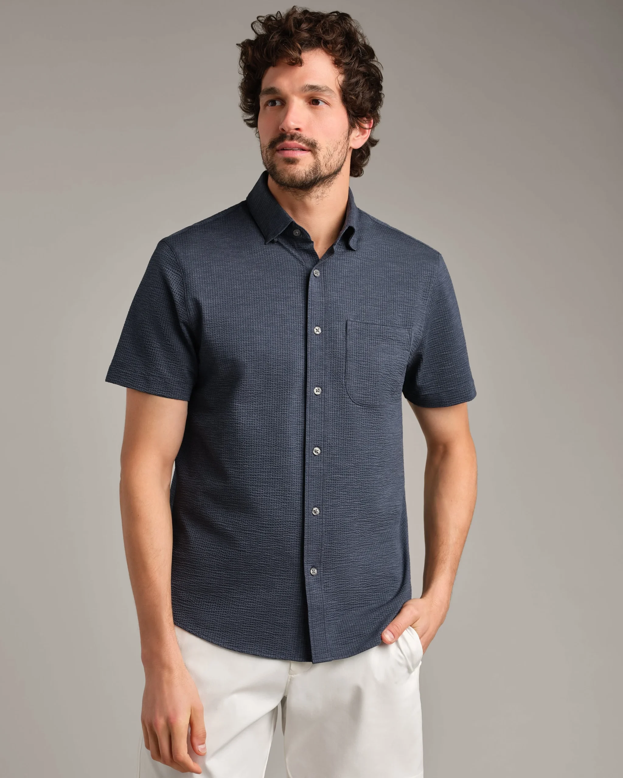 Commuter Seersucker Short Sleeve Button Down - Navy Chambray - Borderfree