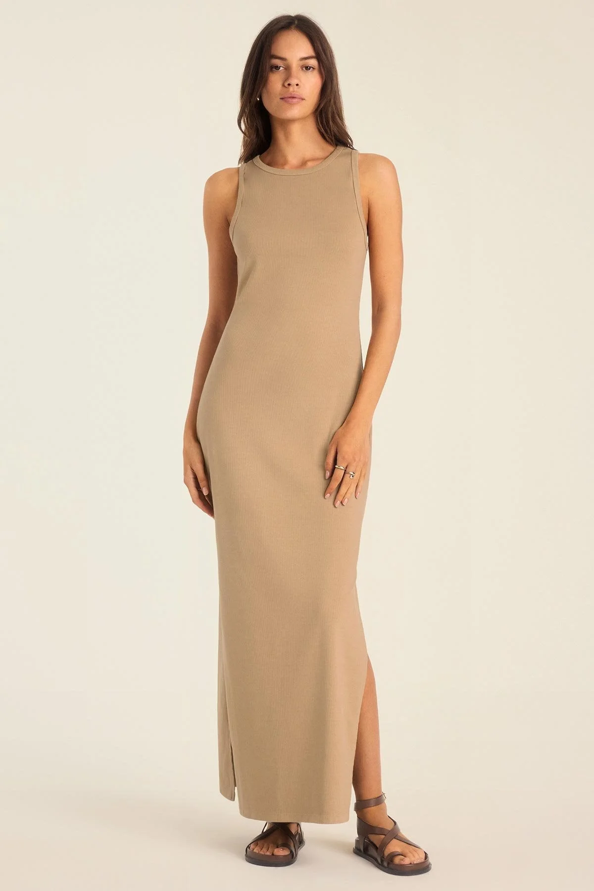 Daybreak Essential Midi Dress - Latte Cotton Rib - Borderfree