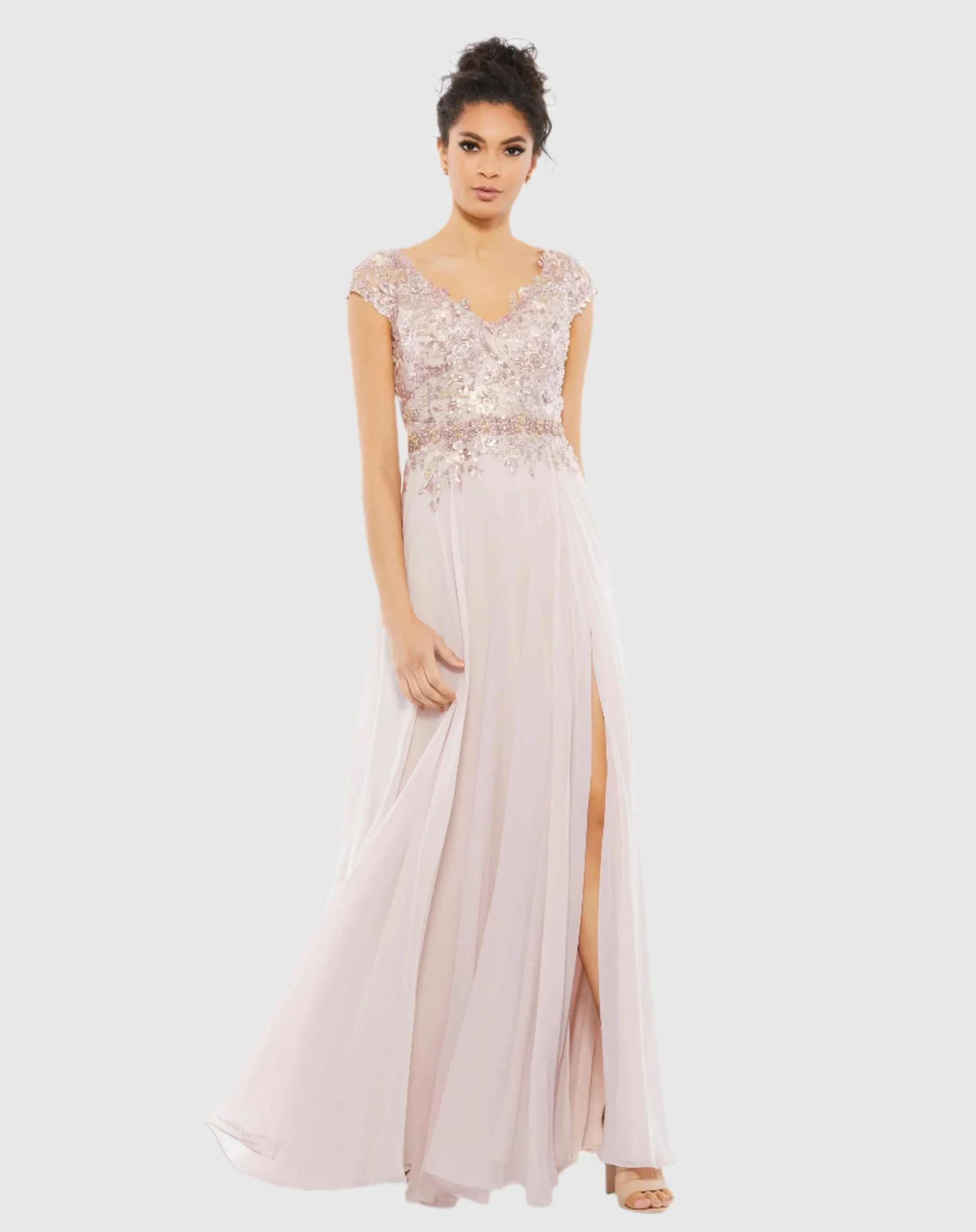 Pink Embellished Cap Sleeve Bodice Flowy Gown - Borderfree