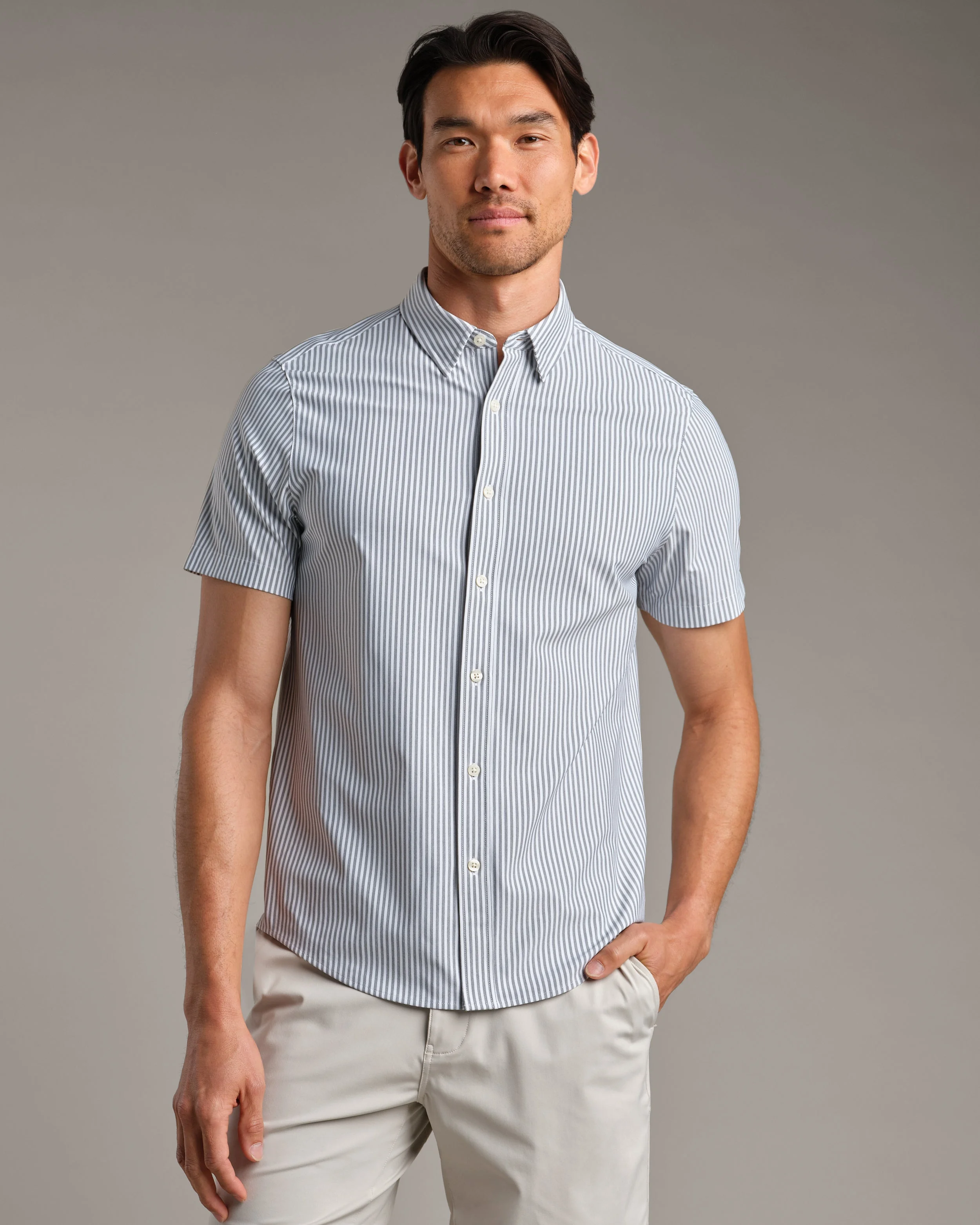 Commuter Short Sleeve Button Down - Gray Linen Wide Stripe - Borderfree