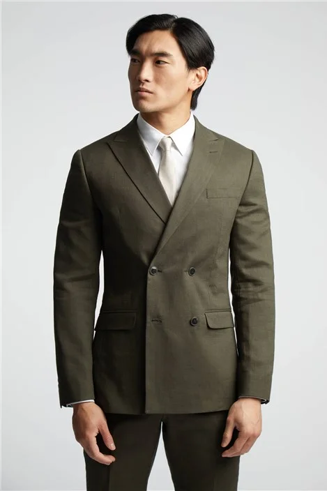 Alexandre Tailored Fit Khaki Green Linen Double Breasted Men's Suit Jacket - Borderfree