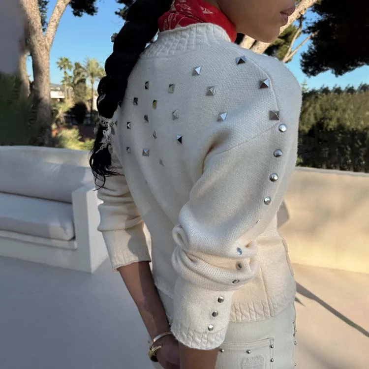 Ecru Studded Cardigan - Borderfree