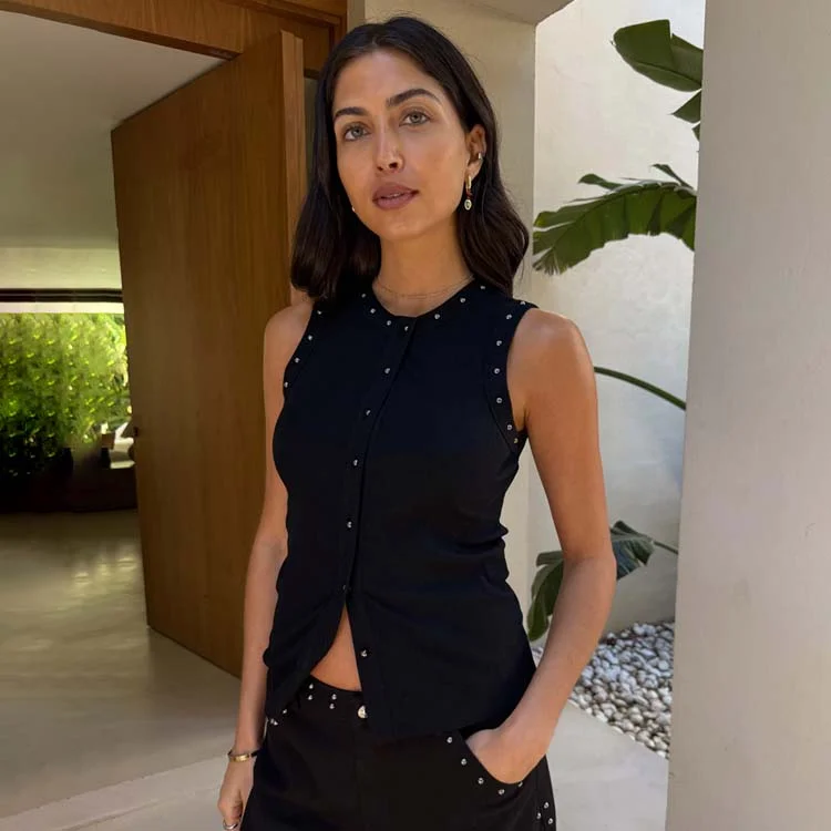 Black Studded Button Tank - Borderfree