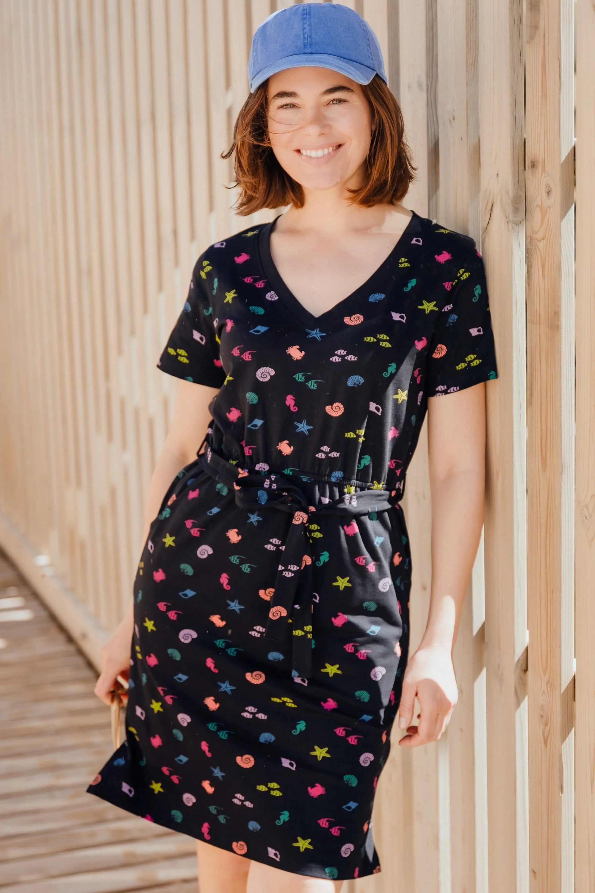 Joelle V-Neck Jersey Mini Dress - Black/Multi, Underwater Rainbow - Borderfree