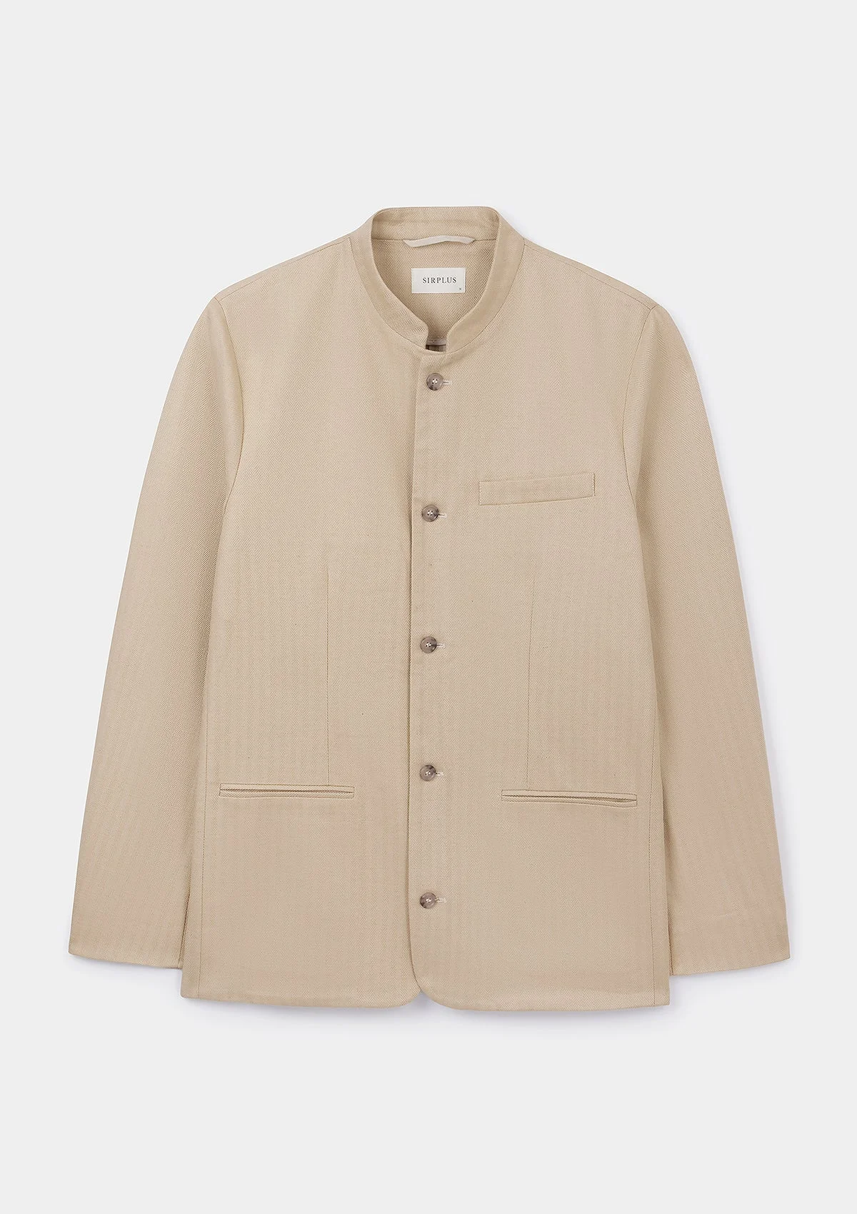 Sand Herringbone Cotton Linen Nehru Jacket - Borderfree