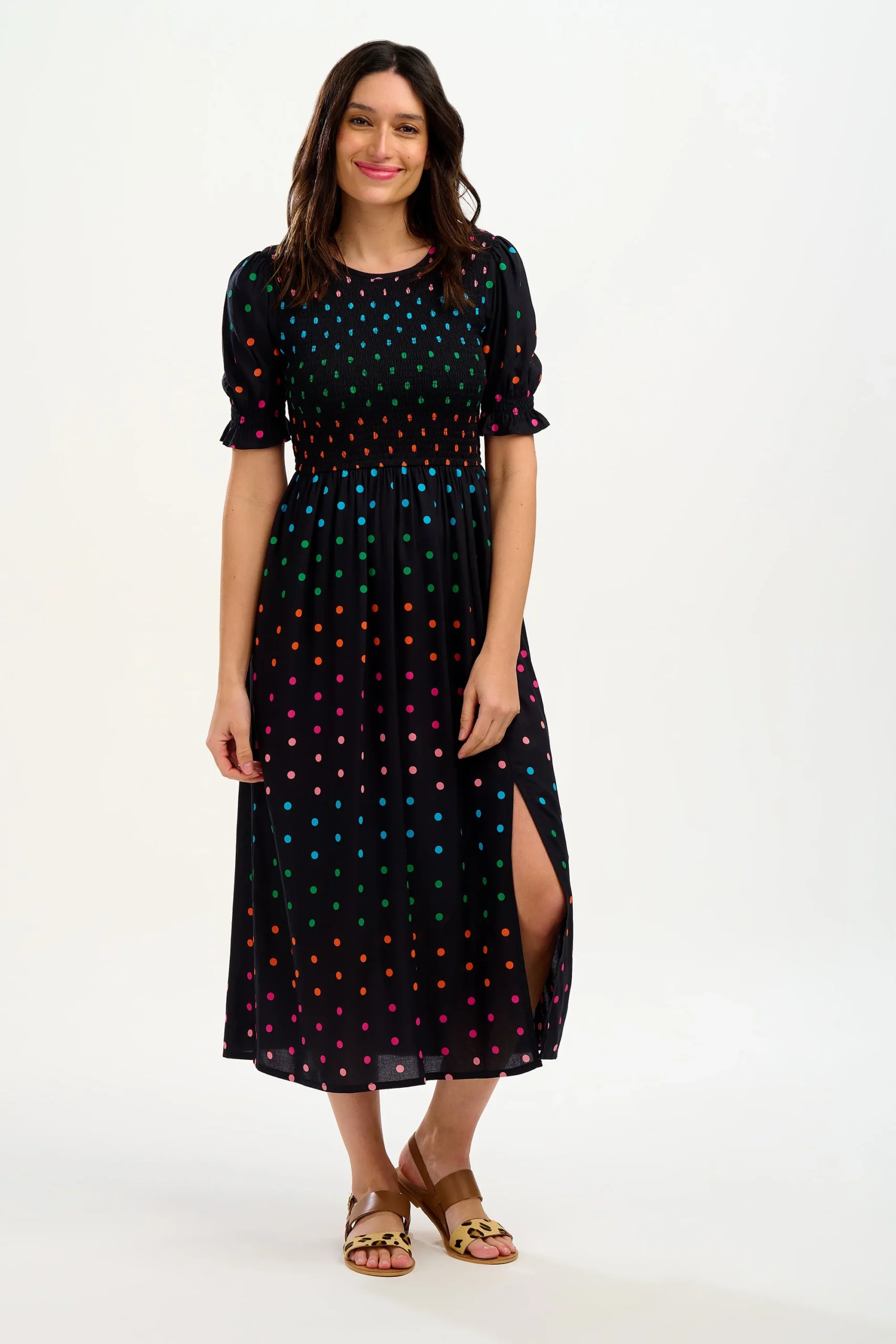 Rosita Midi Shirred Dress - Black, Rainbow Polka - Borderfree