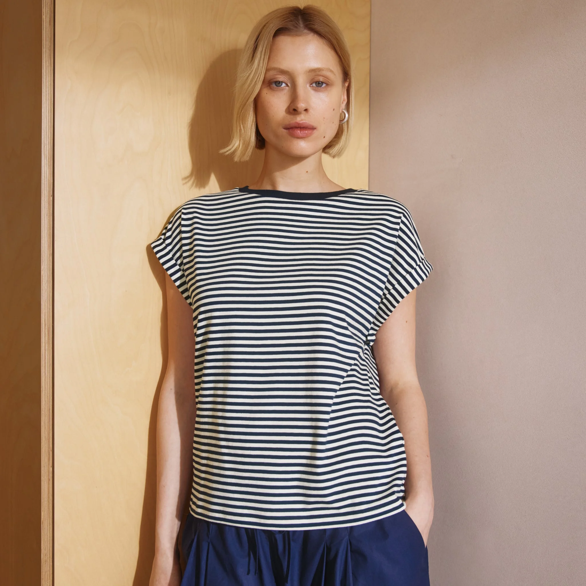 Navy Stripe Roll Back T Shirt - Borderfree