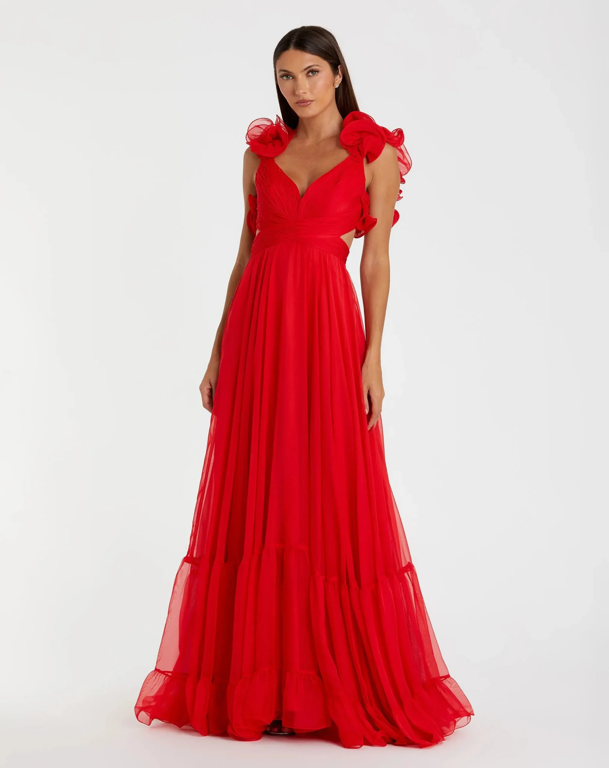Red Ruffle Tiered Cut-Out Chiffon Gown - Borderfree