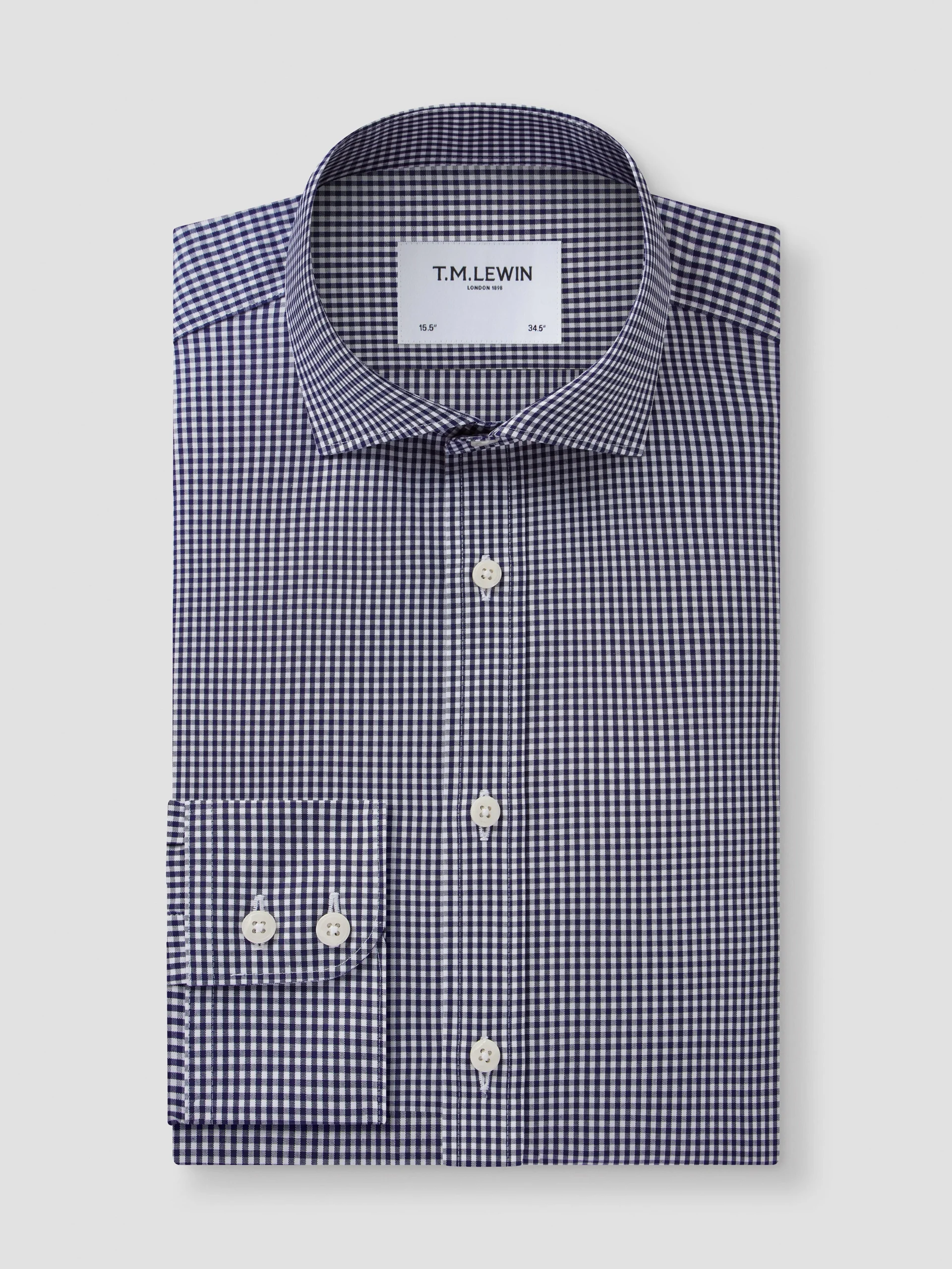 Non-Iron Gingham Navy Poplin Slim Fit Single Cuff Classic Collar Shirt - Borderfree