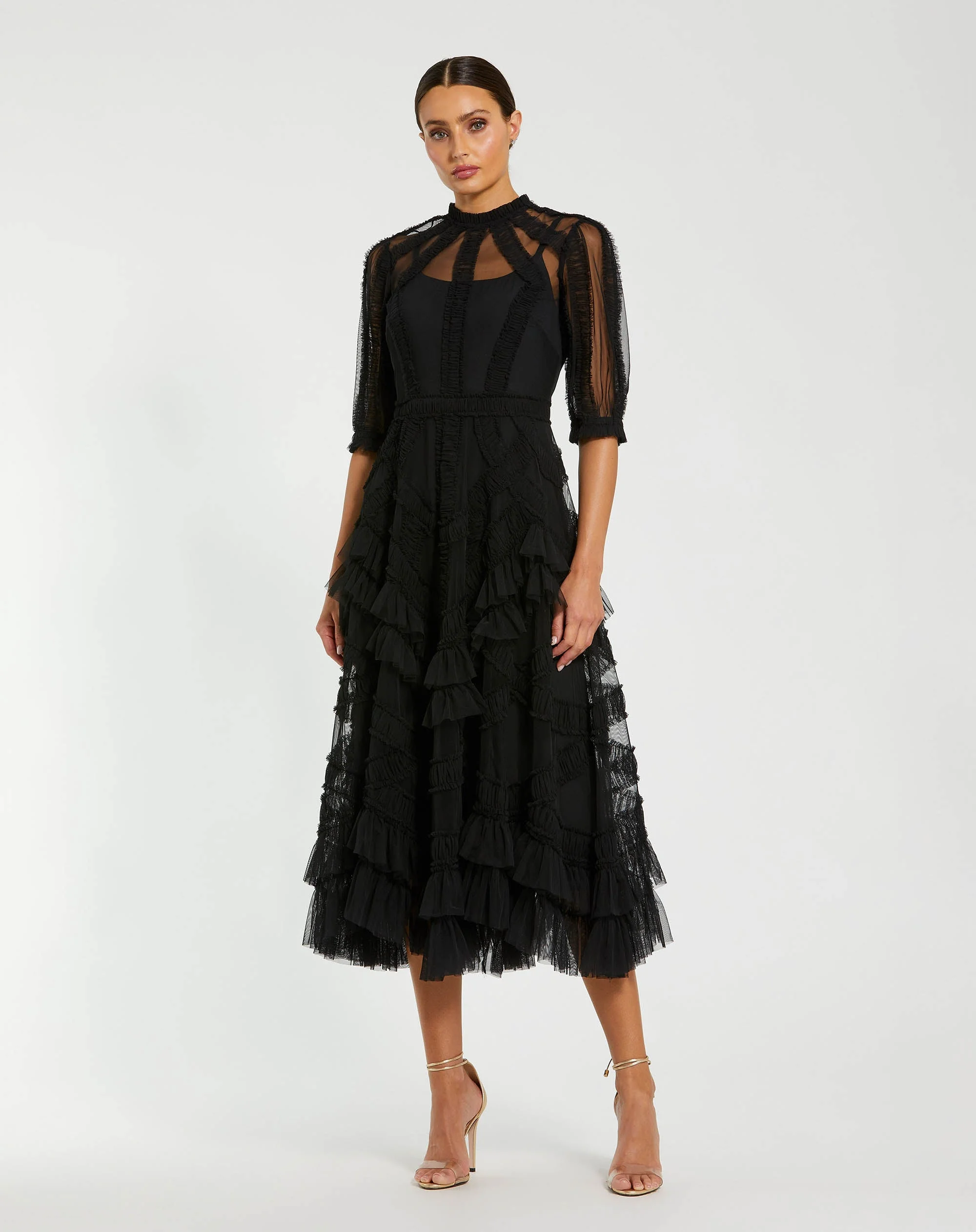 Black High Neck Ruffle Tiered A-Line Midi Dress - Borderfree