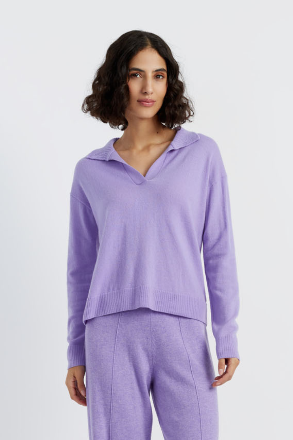 Lavender Wool-Cashmere Collared Sweater - Borderfree